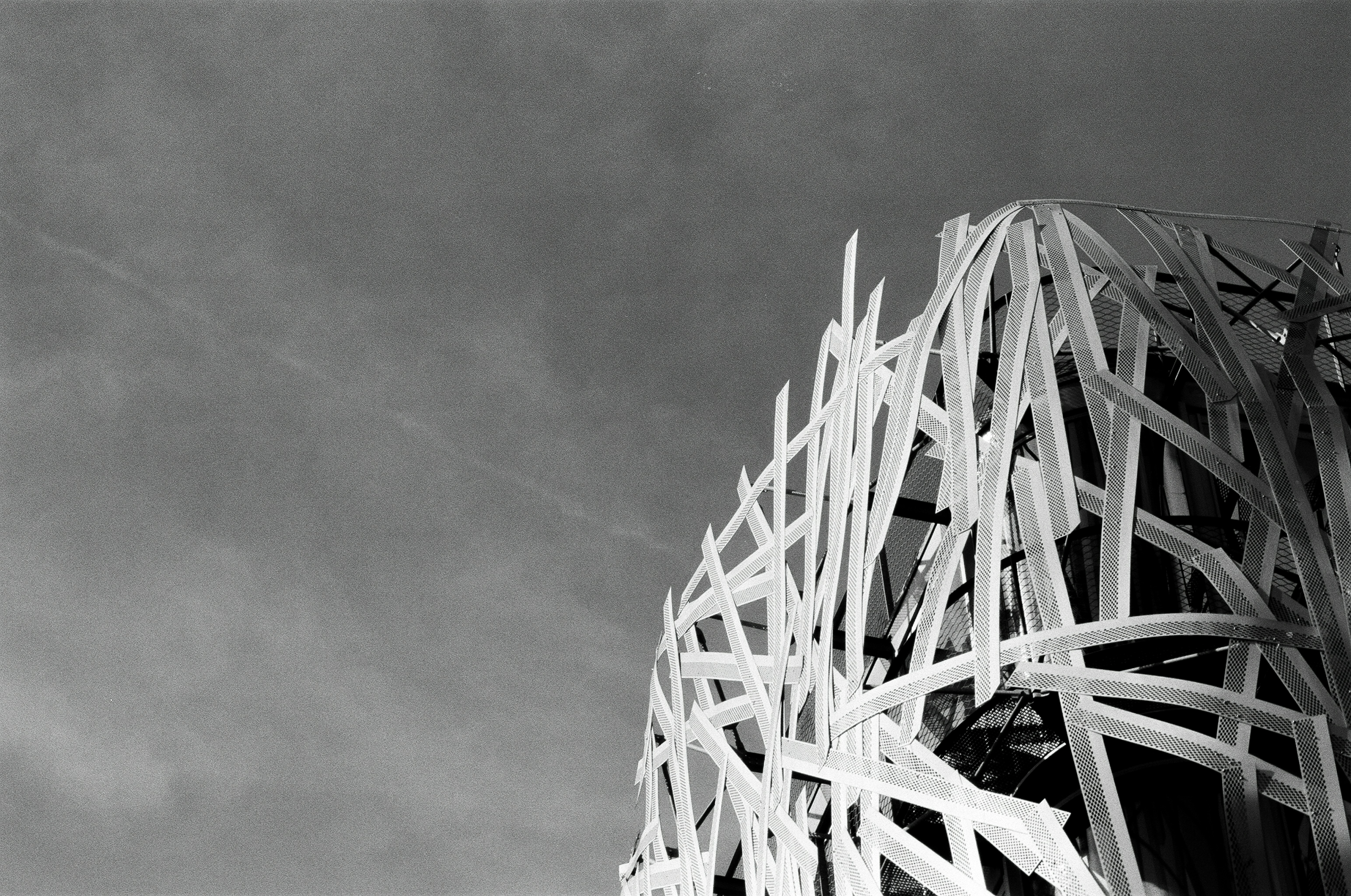 Interwoven metal lattice structure of a modern building against a clear sky, shot from below in black and white film photography.