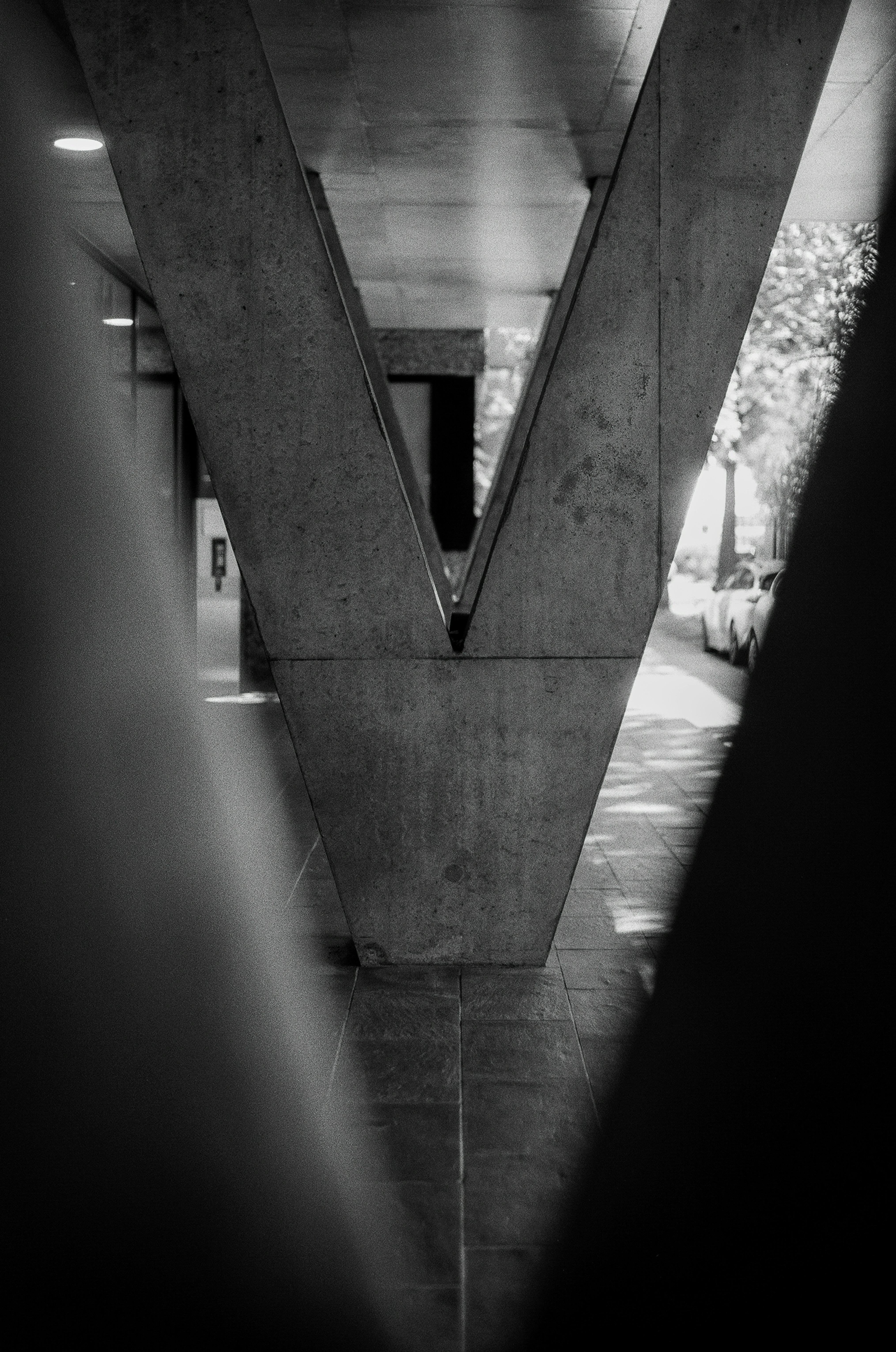 Two concrete pillars forming a symmetrical V shape beneath a modern building, shot from underneath with blurred foreground elements framing the scene, black and white film photography.