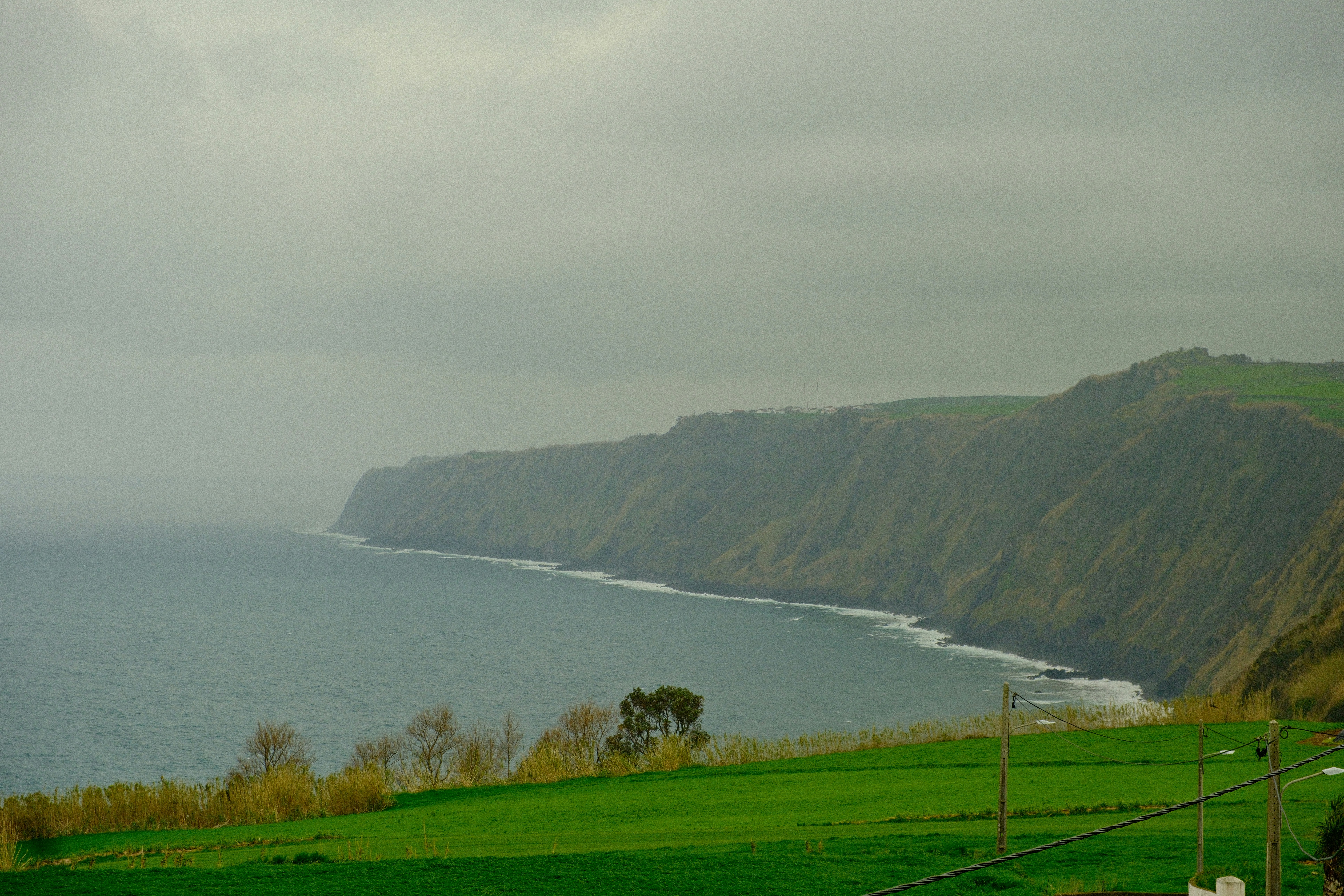 Coastal Cliffs and Green Pasture under moody sky