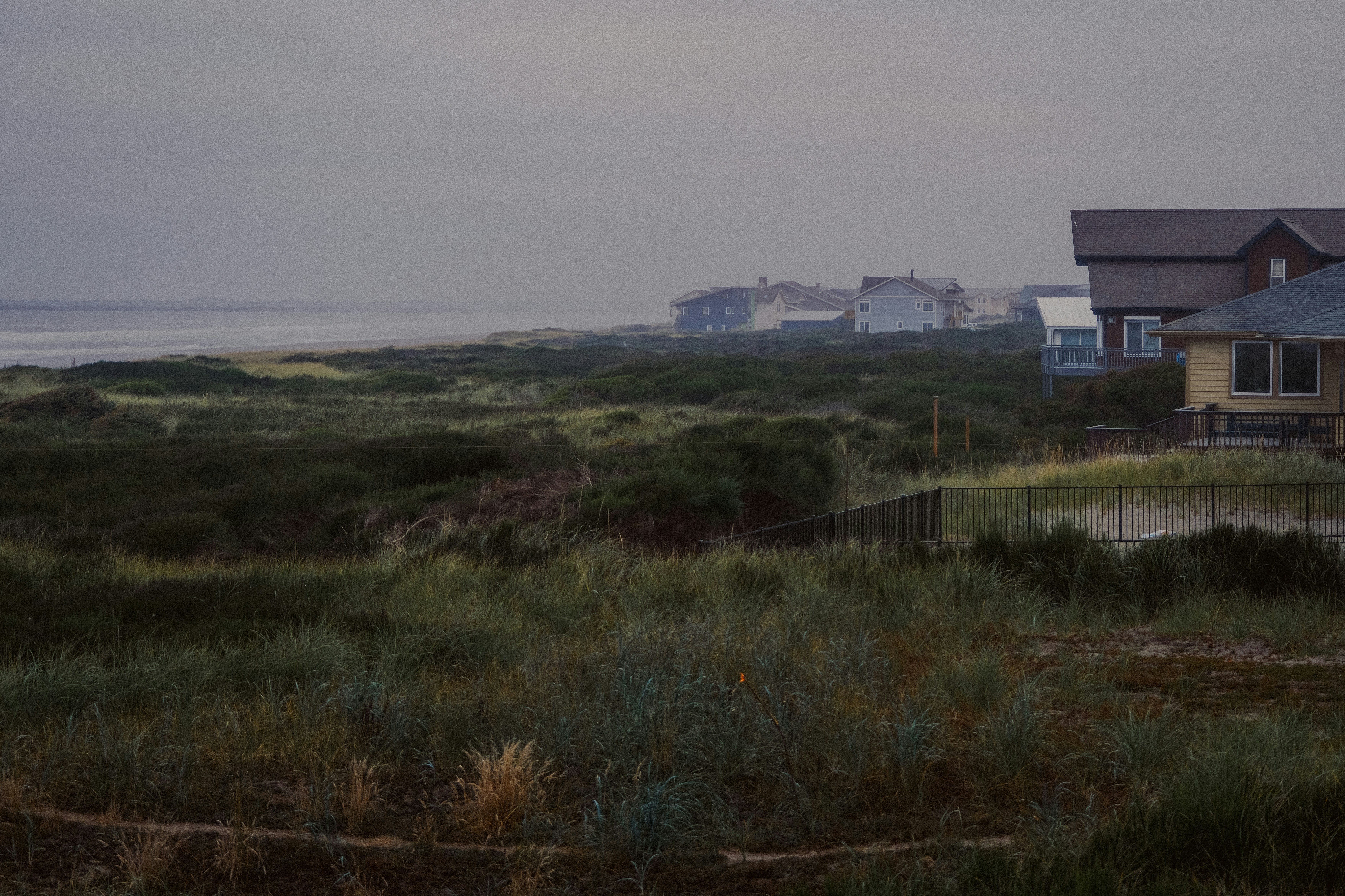 Coastal Dunes and Beachfront Homes Under Muted Skies