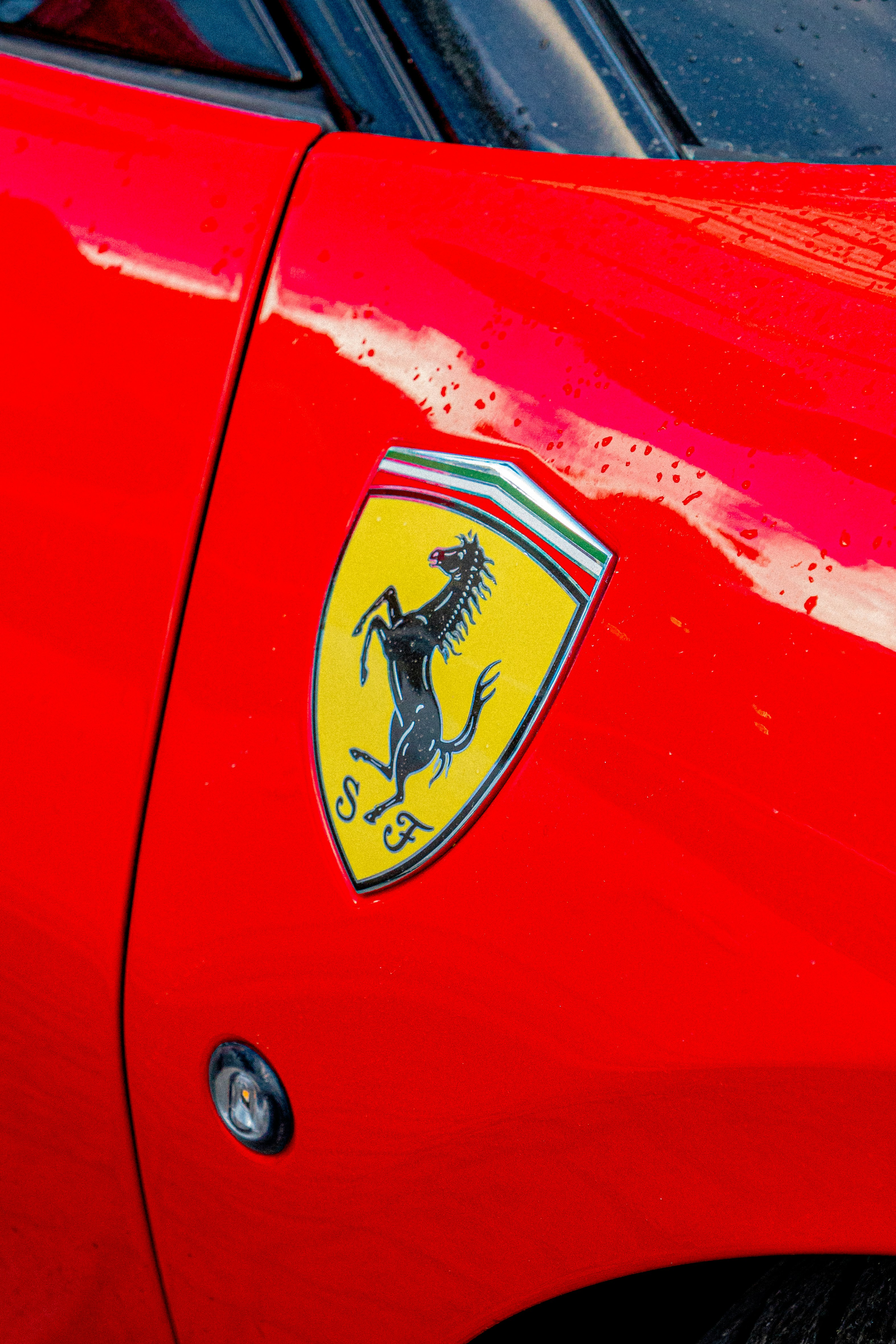 Ferrari Emblem on a Bold Red Car Curve