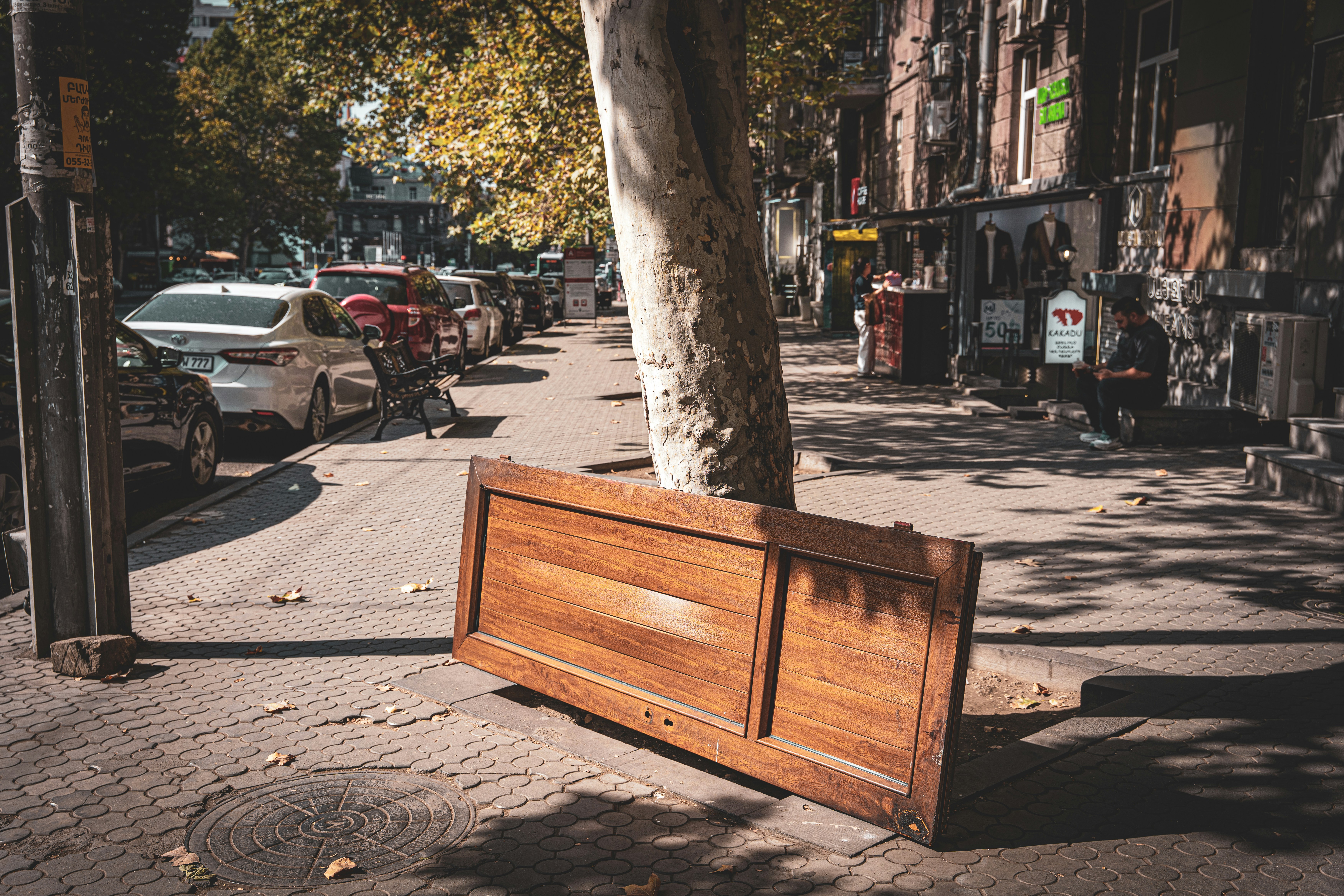 A wooden door panel rests tilted on a sunlit urban sidewalk, with parked cars and trees lining the street in the background. This is a street-level scene on a calm day.
