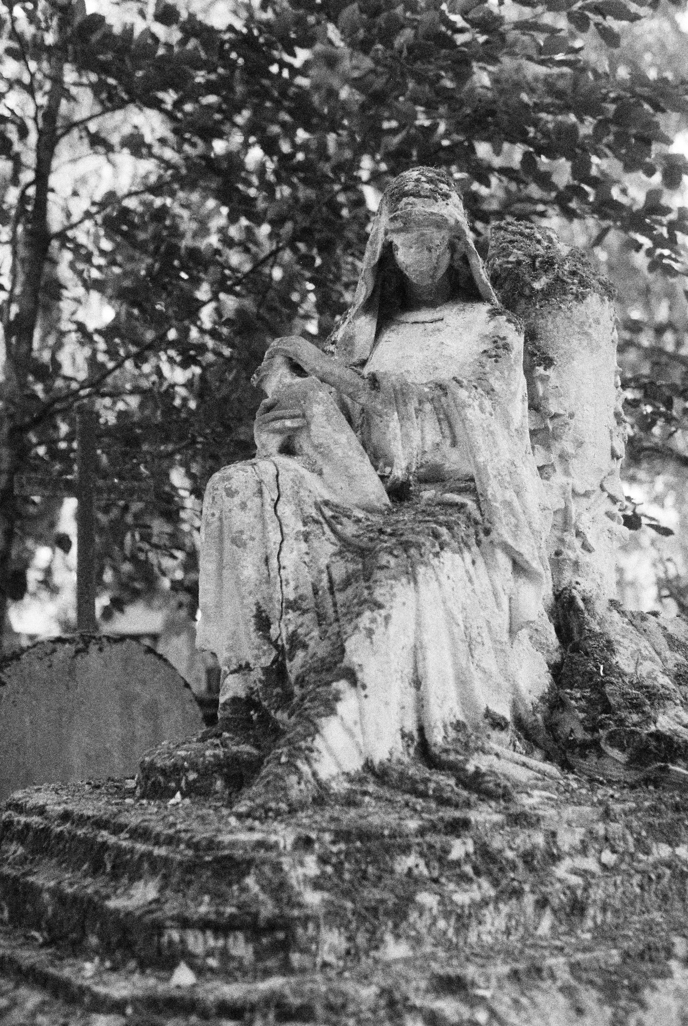 Whispering Figure: A Weathered Statue Amid Timeworn Steps