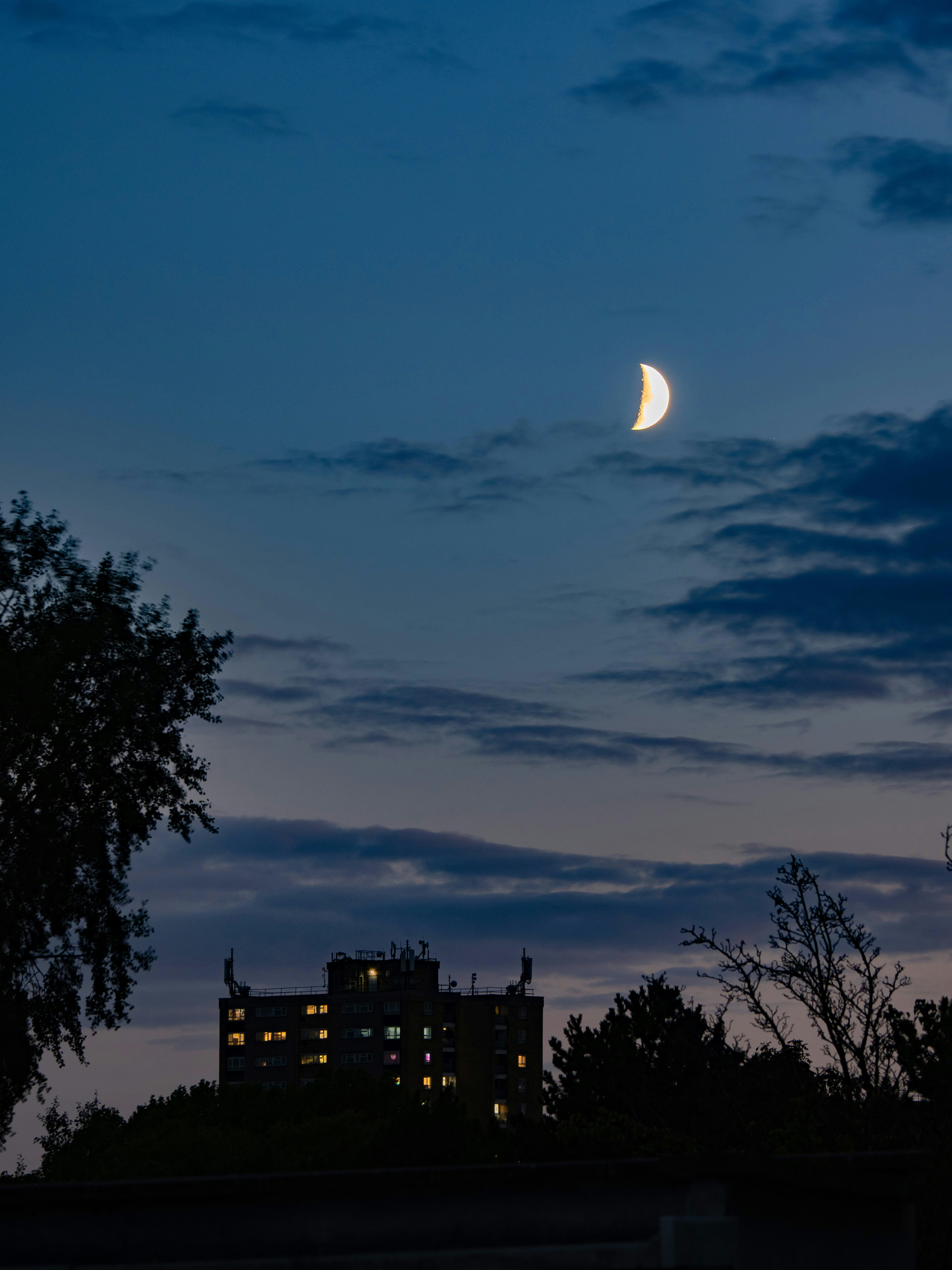 Crescent Moon Over a Quiet Cityscape at Dusk