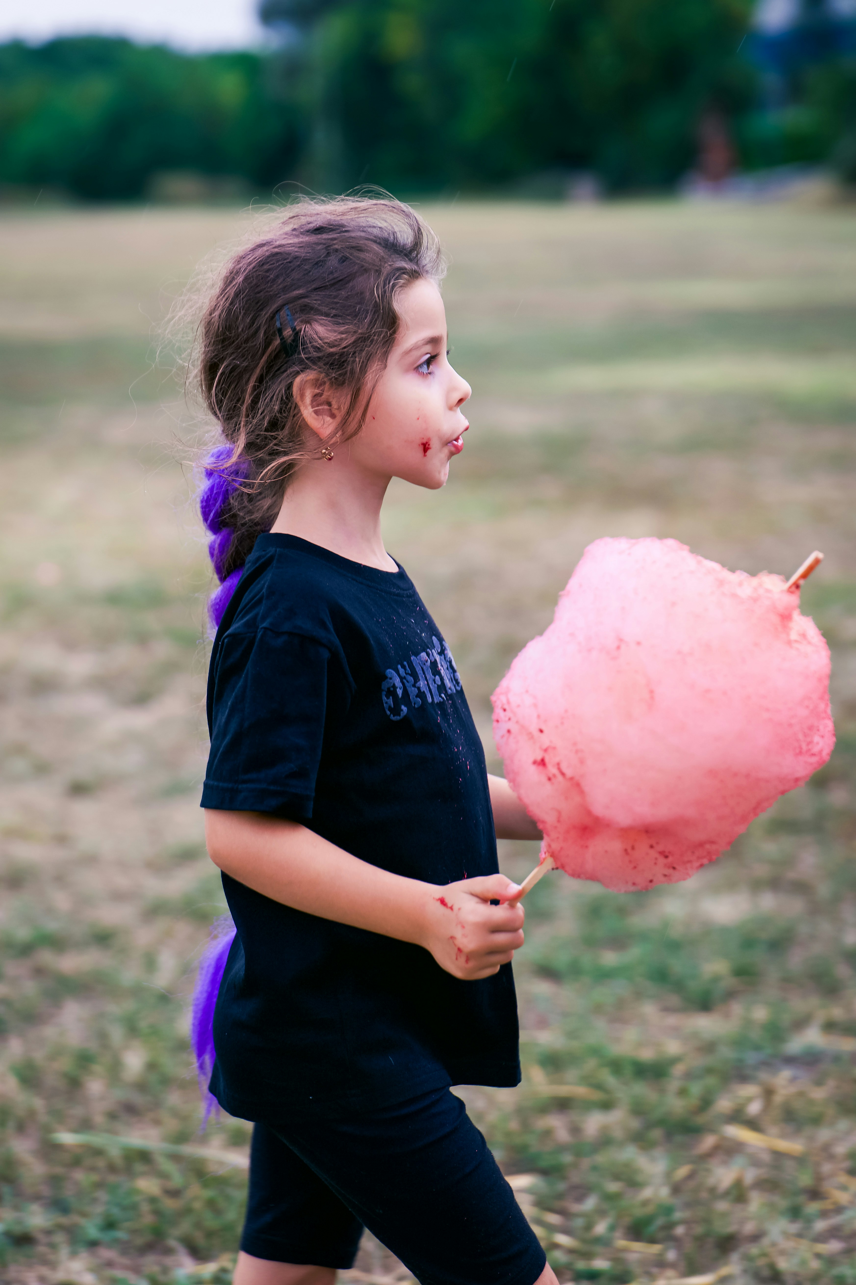 Lilac Plume: A Girl with Pink Cotton Candy in a Sunlit Field