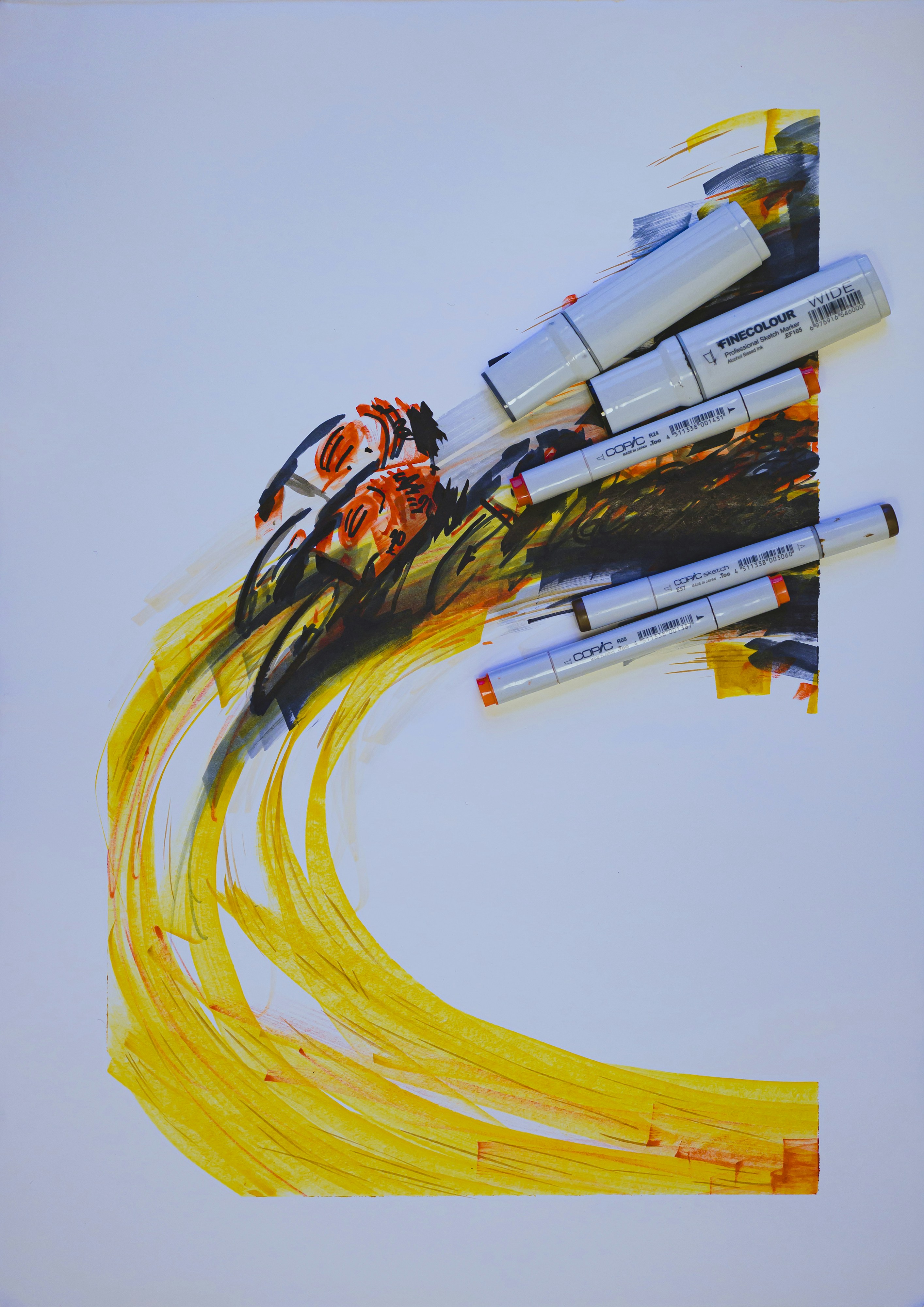 Yellow swoop: ink and pigment trails from a dynamic abstract portrait