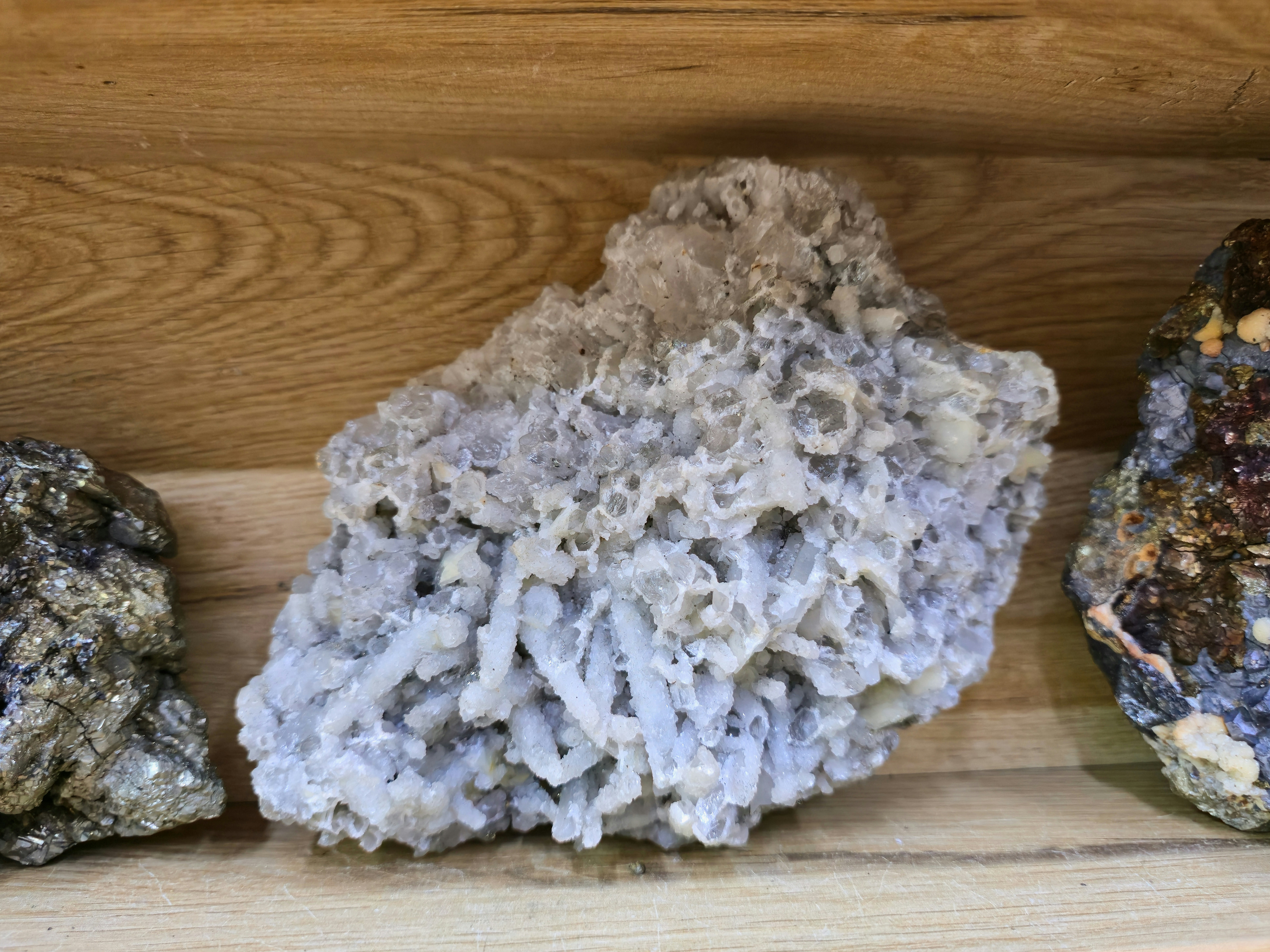 Frosted Geodes on a Wooden Shelf