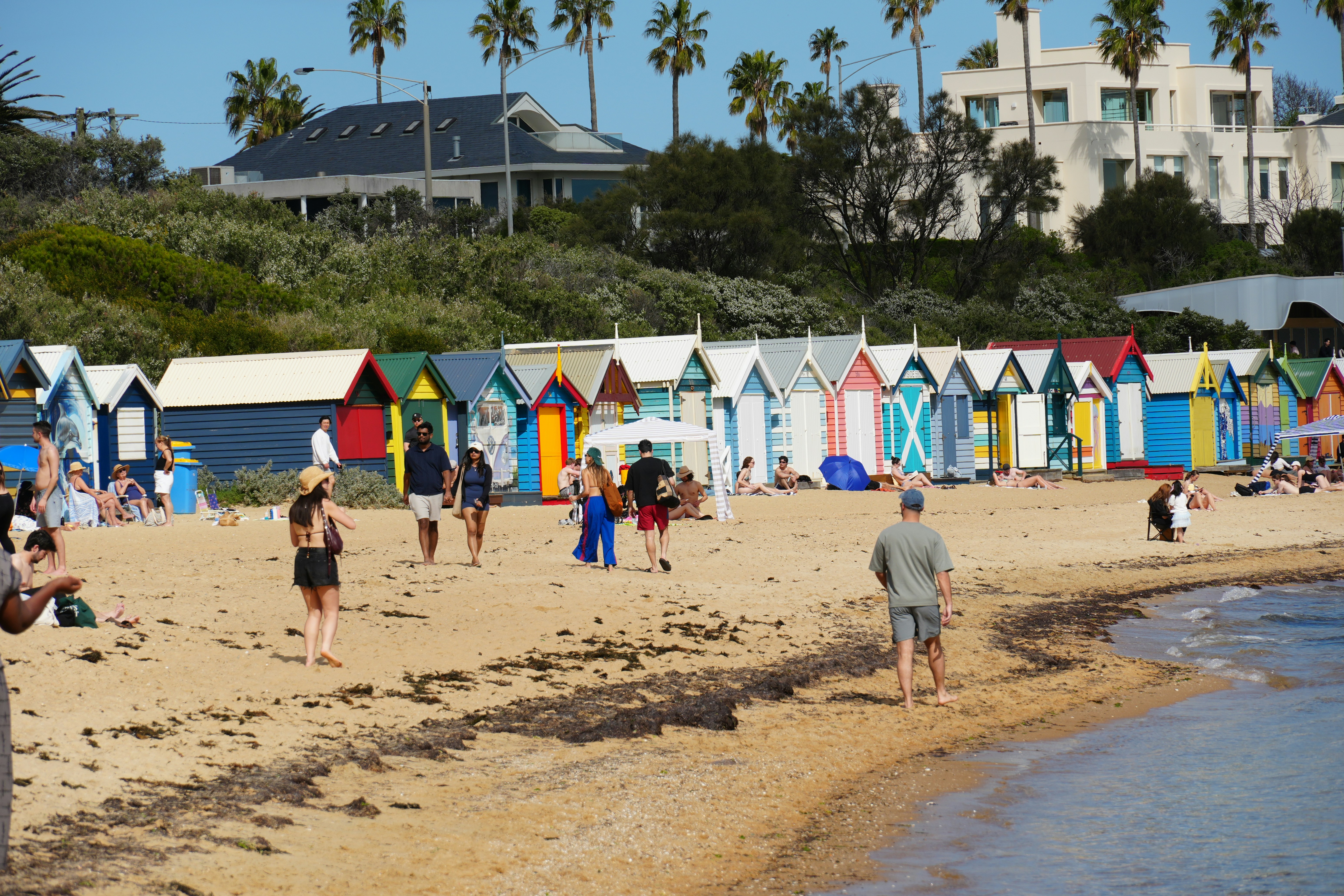 Beach scene with a row of vibrant beach huts along the shore, groups of people walking and standing near the water, and palm trees in the background.