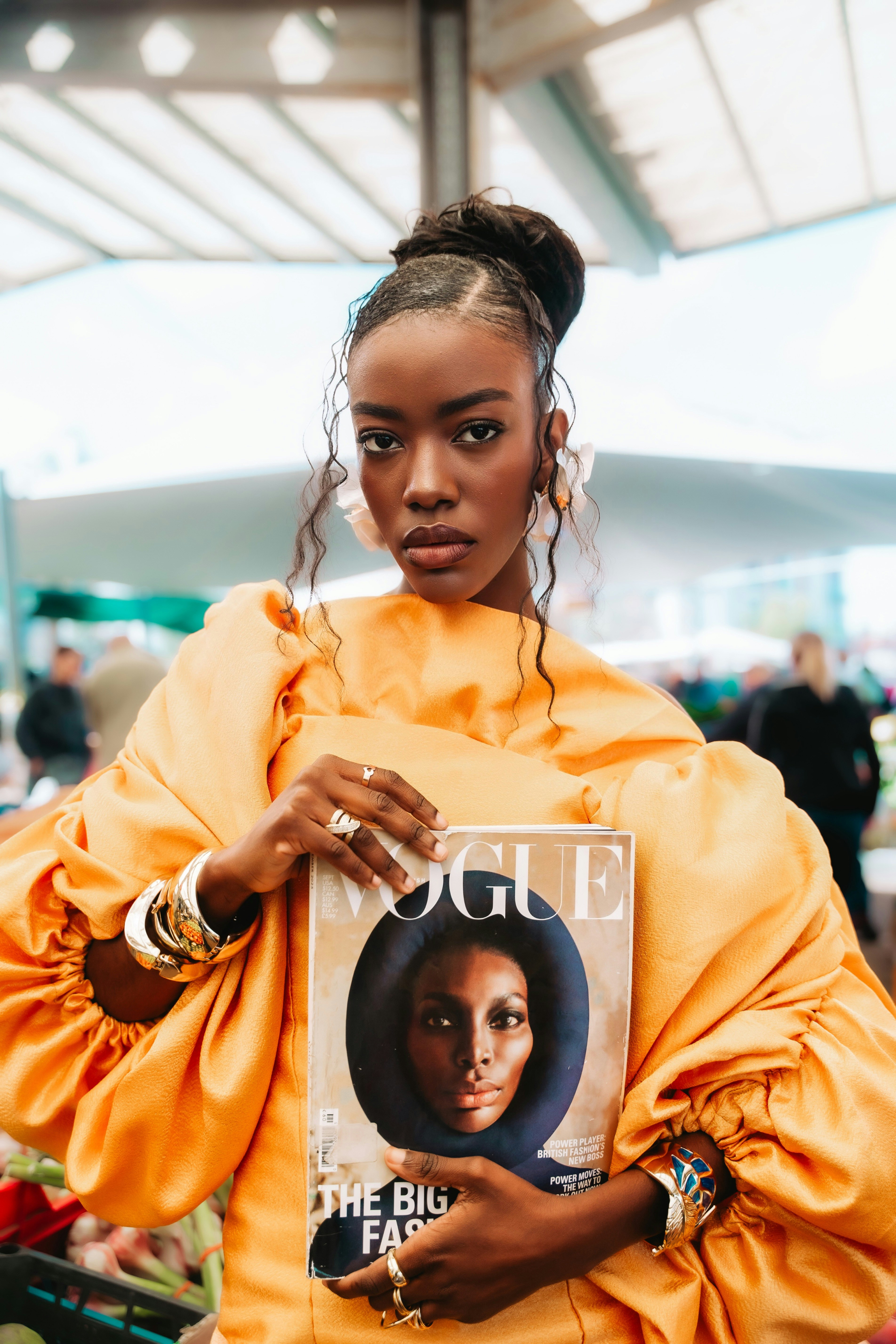 Orange Reverie: A Vogue Moment with a Magazine Golden Highlight