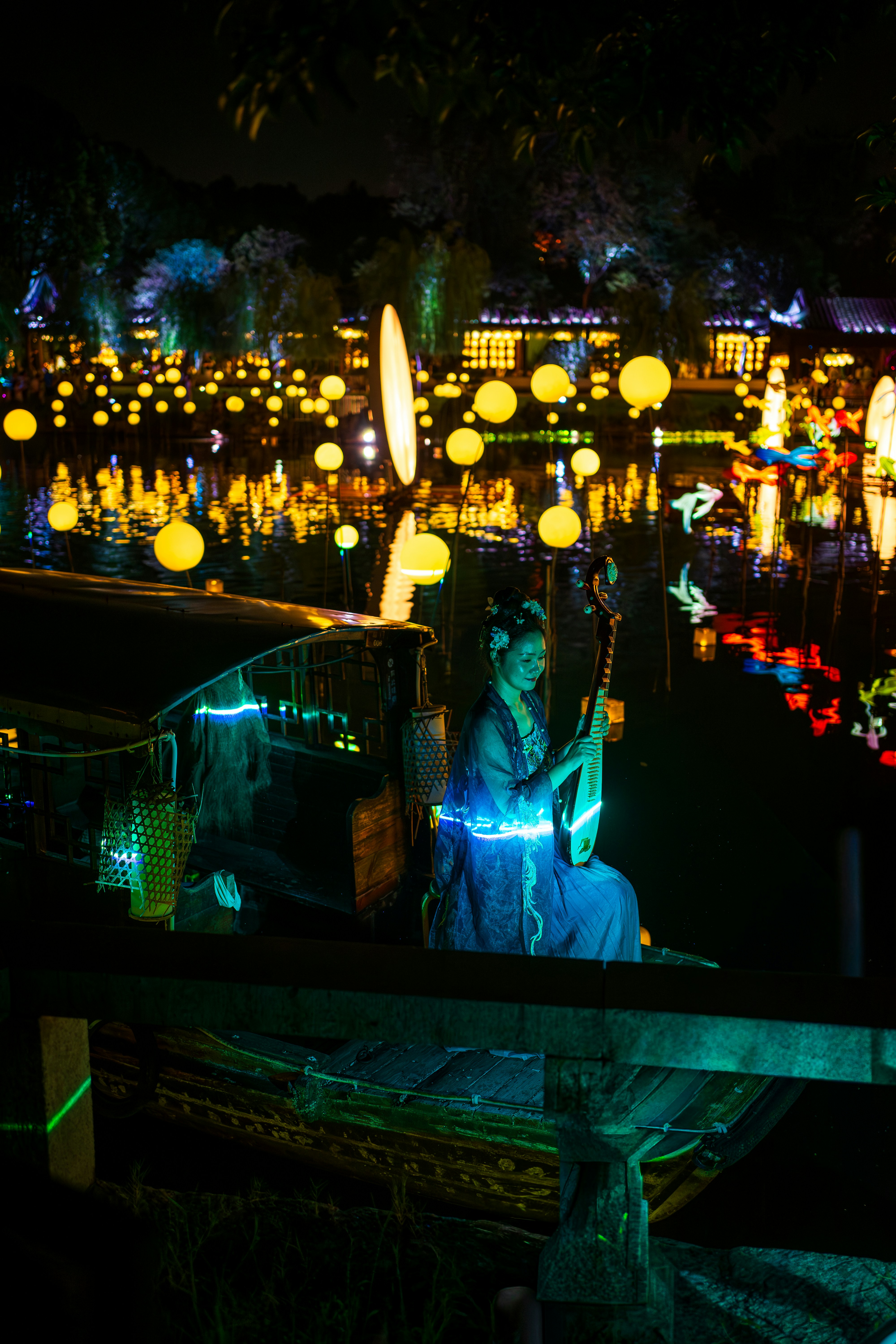 Night Gondola Serenade: Neon Orbs and a Lute by the Lake