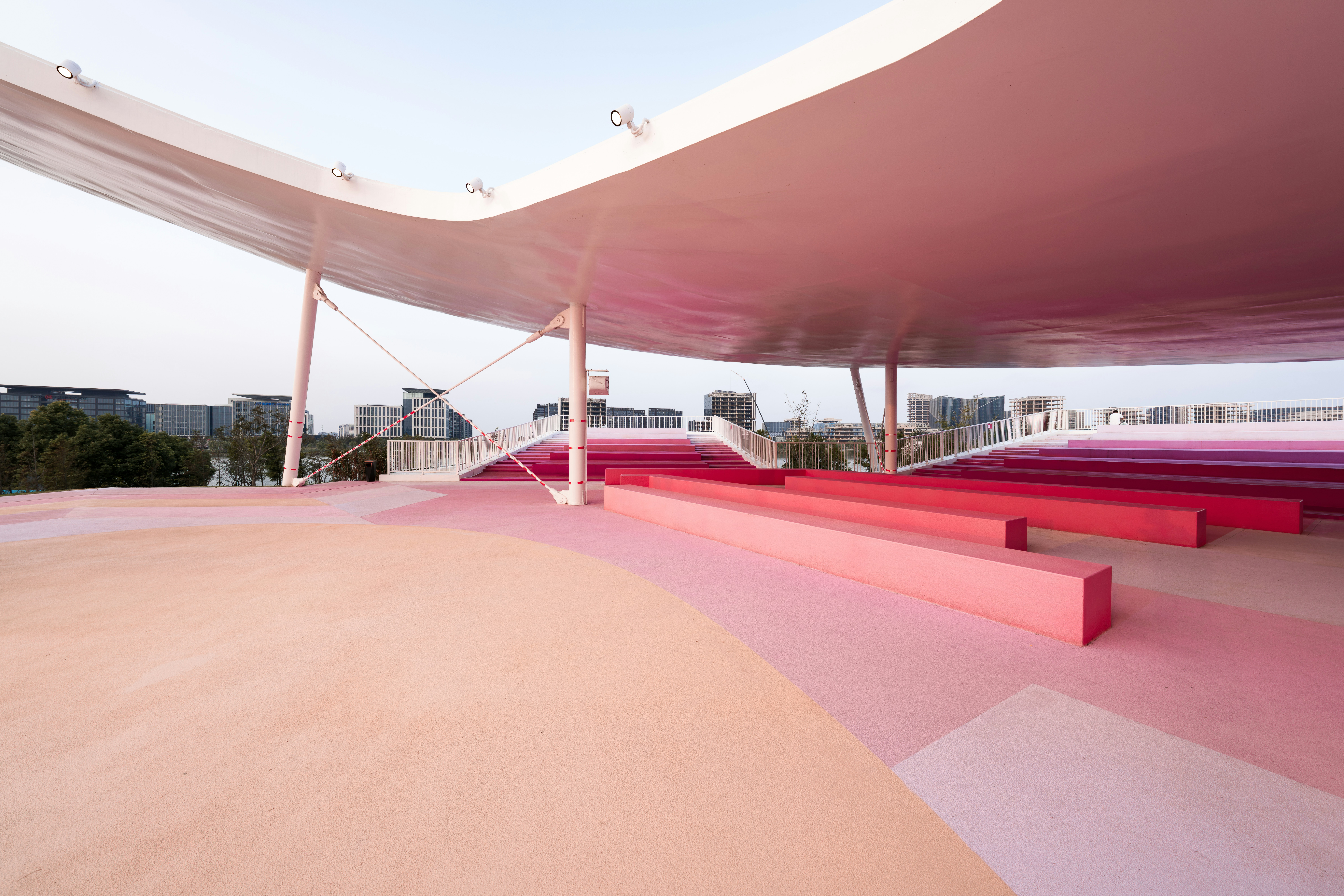 Sunlit Terrace Constellation: Pink Steps Under a Blushing Canopy