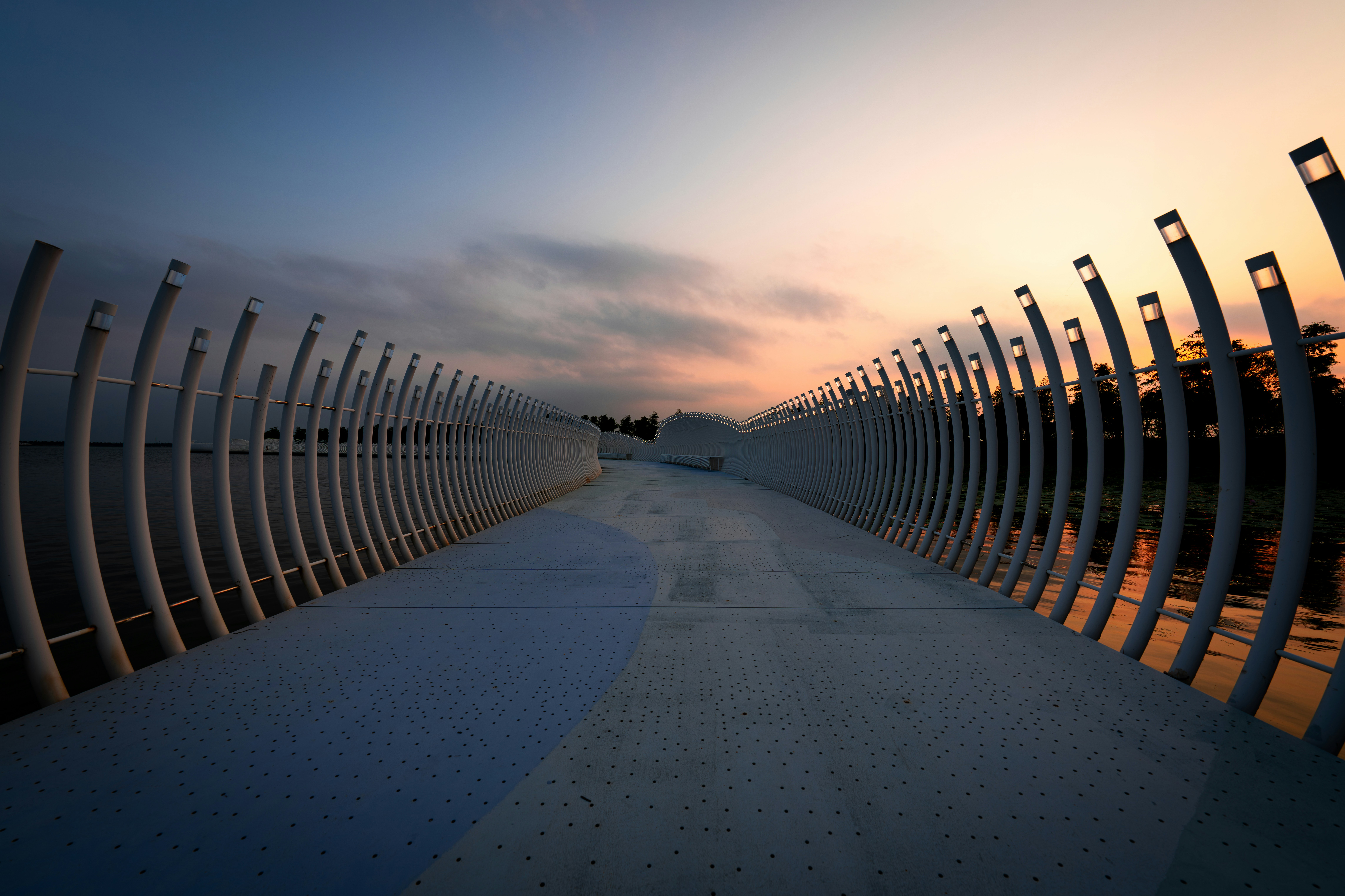Sunset on the Curved Spines: A Pedestrian Bridge Walkway