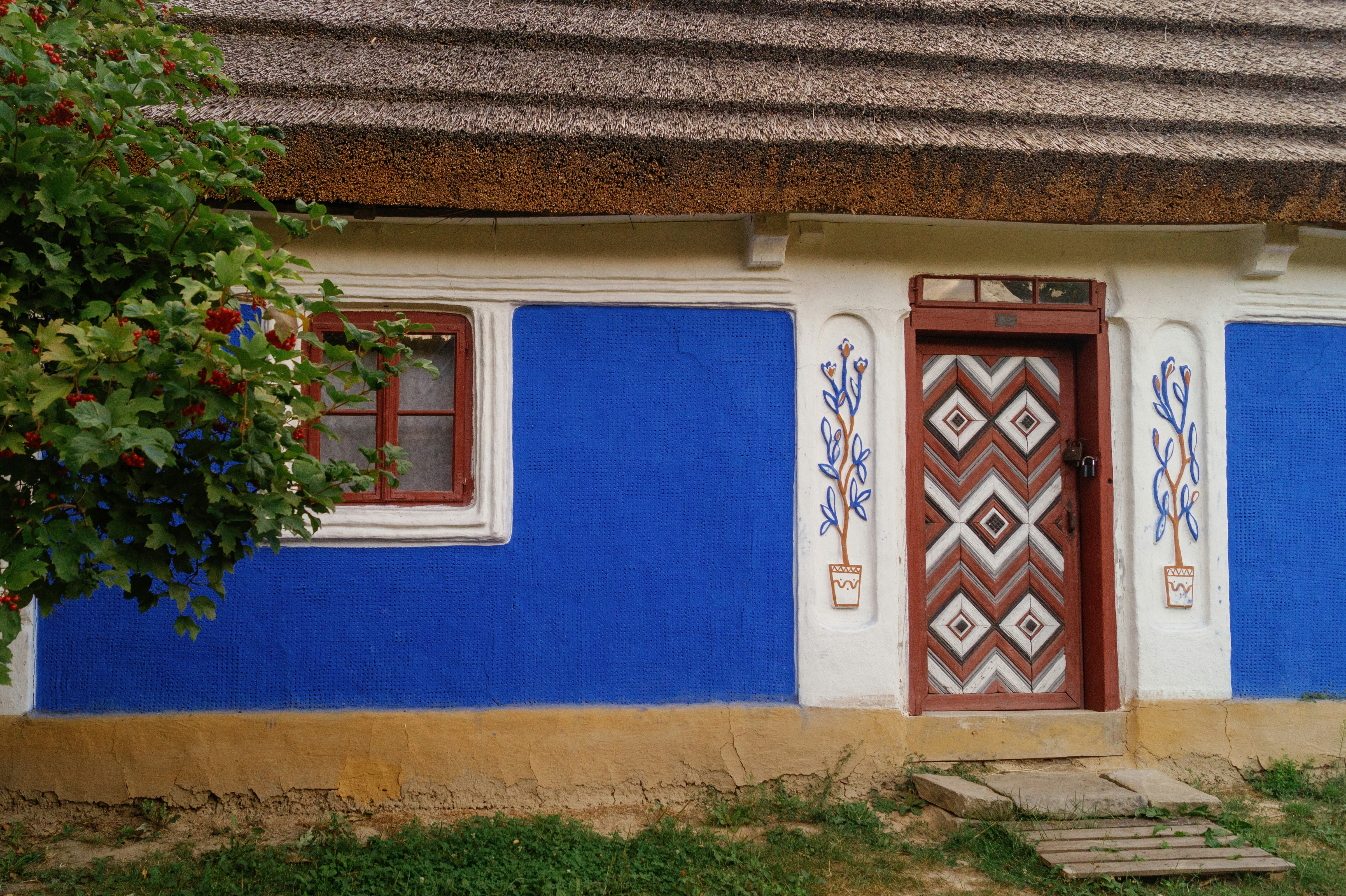 Azure Facade and Ornate Doorway: A Rural Home’s Bold Color Tale