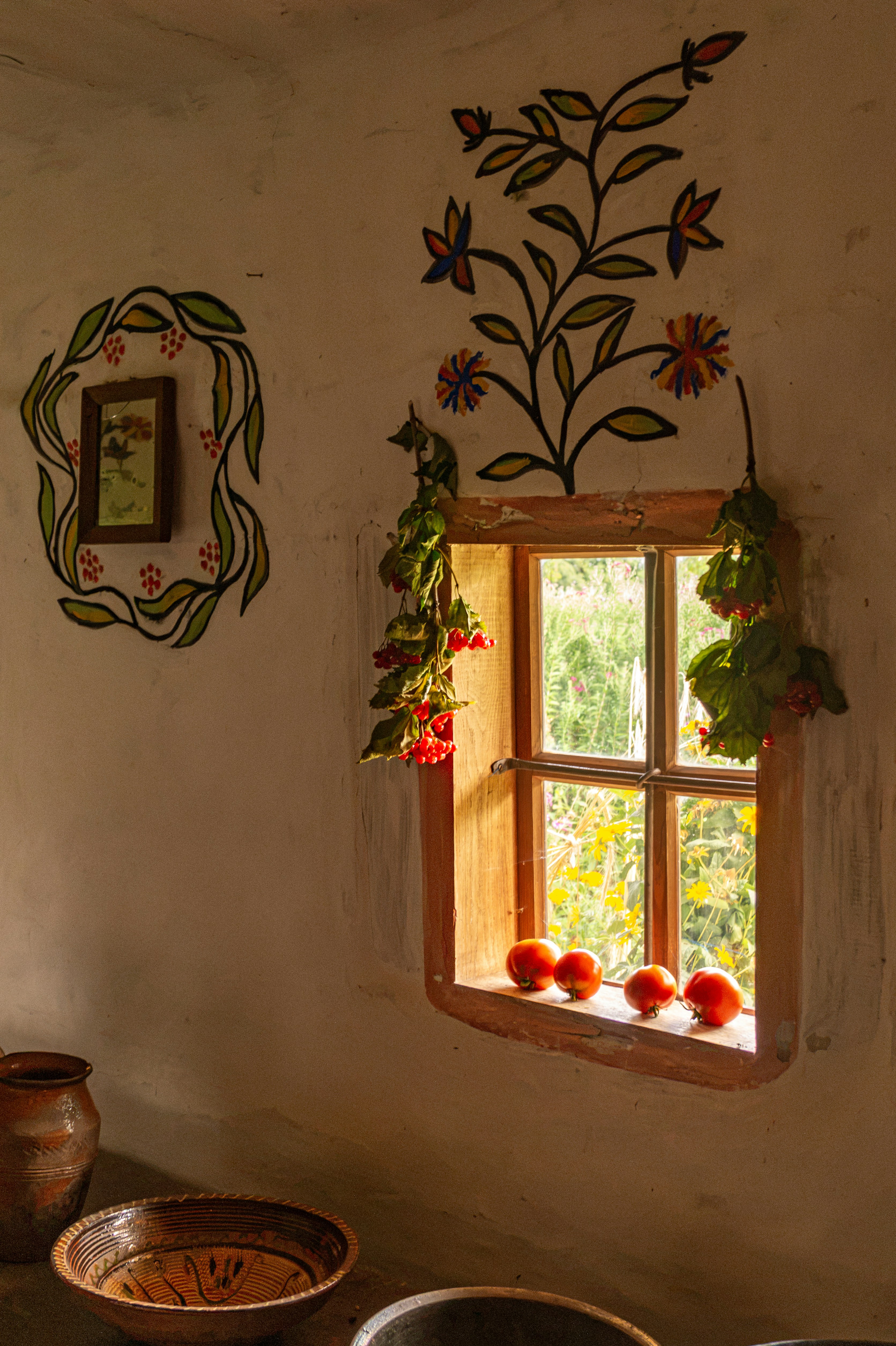 Sunlit Window Arcade: Hanging Produce in a Folk Workshop