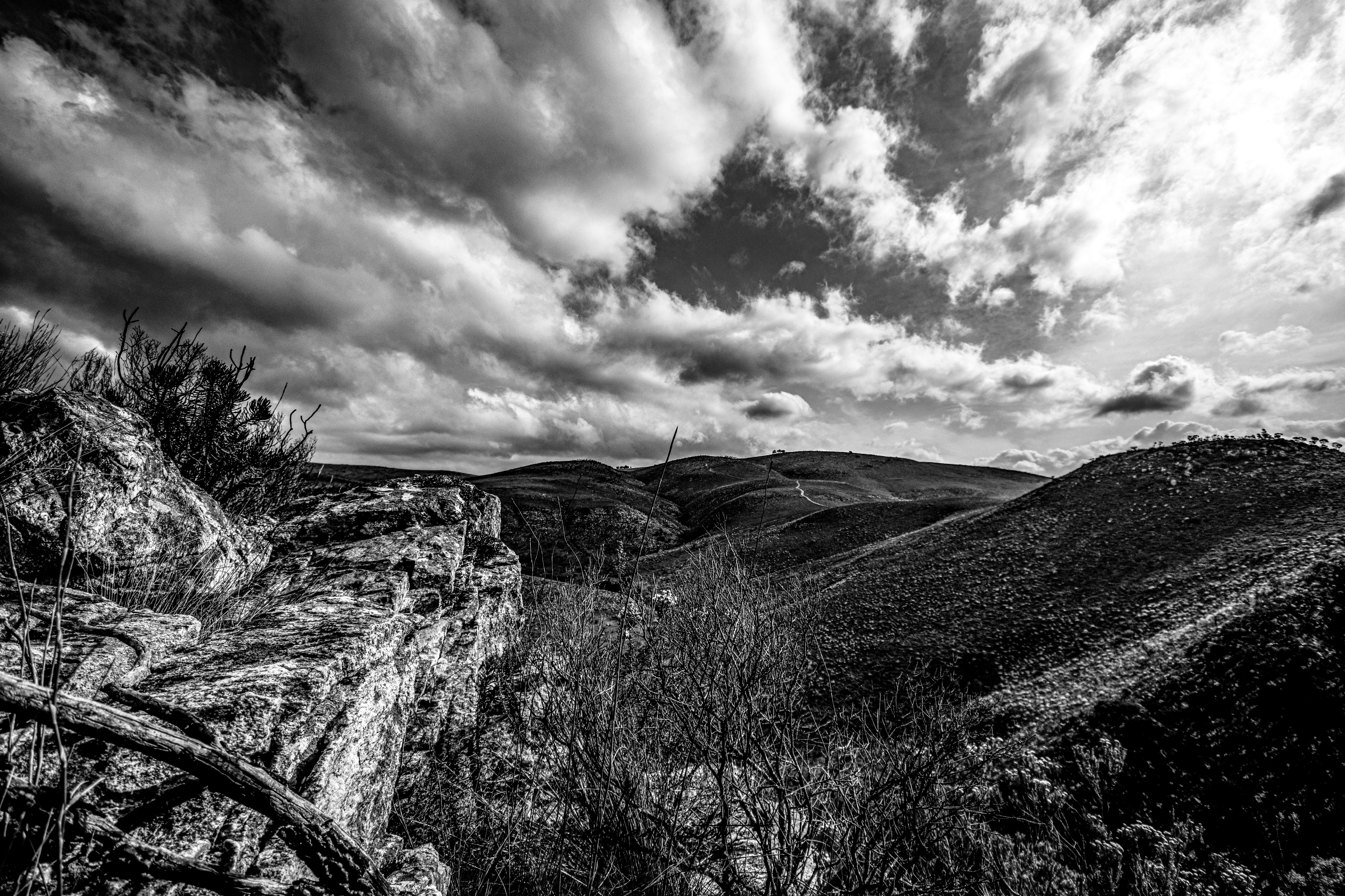 Desert Ridge in Monochrome: A Wind-Scoured Landscape Beneath Slashing Clouds