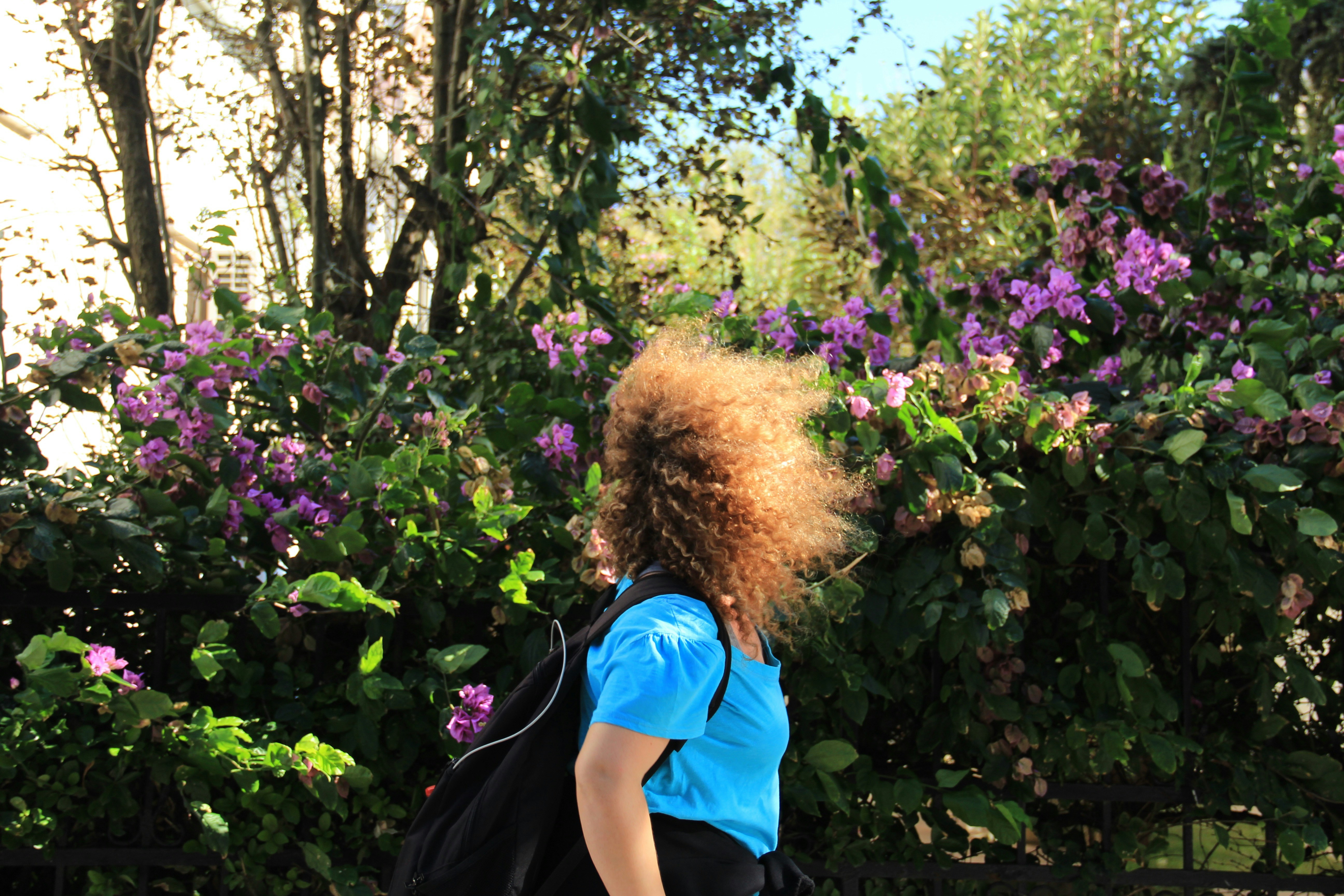 Suspended in Color: A girl with a blue shirt beside blooming vines