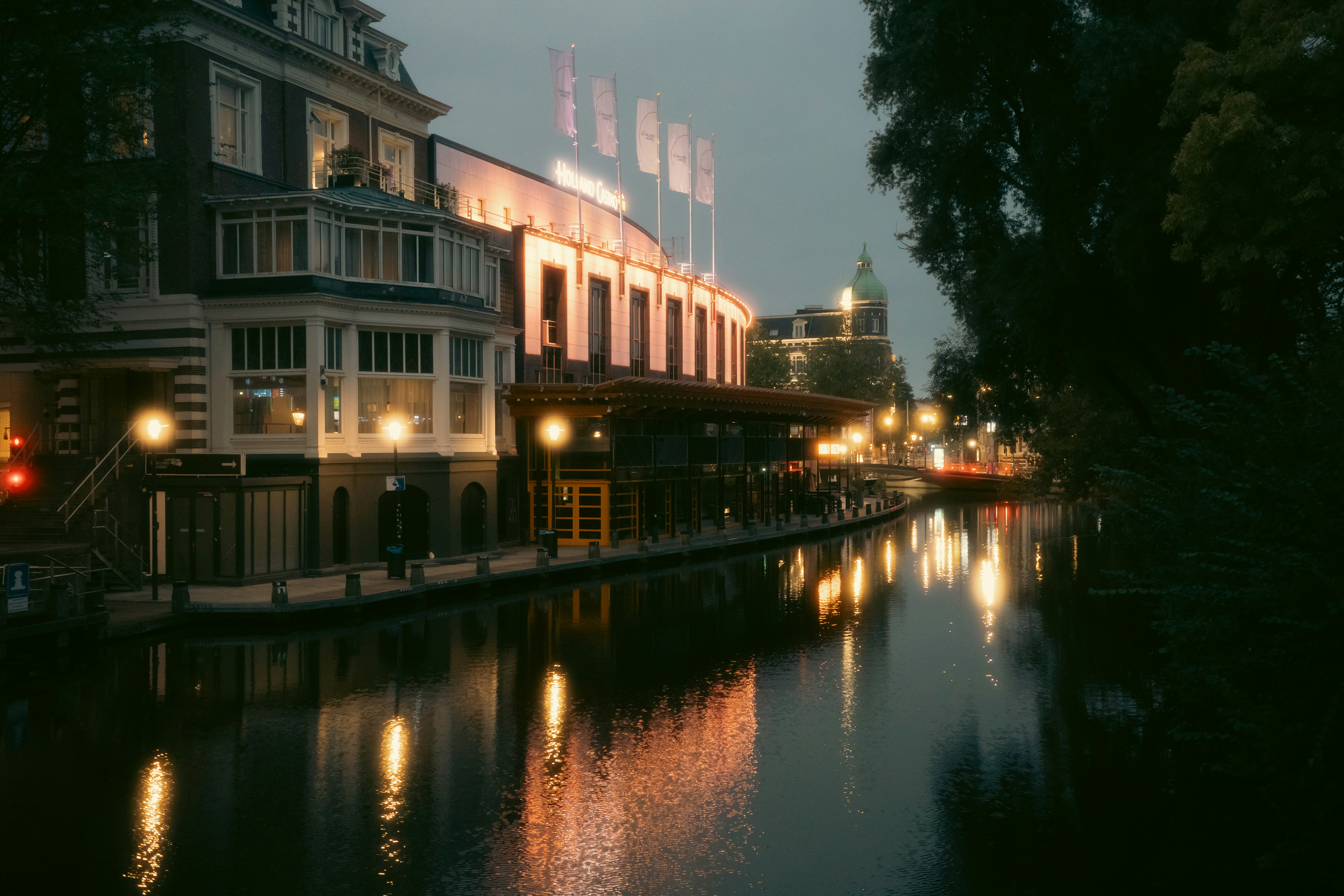 Reflections of a City Harbor at Dusk