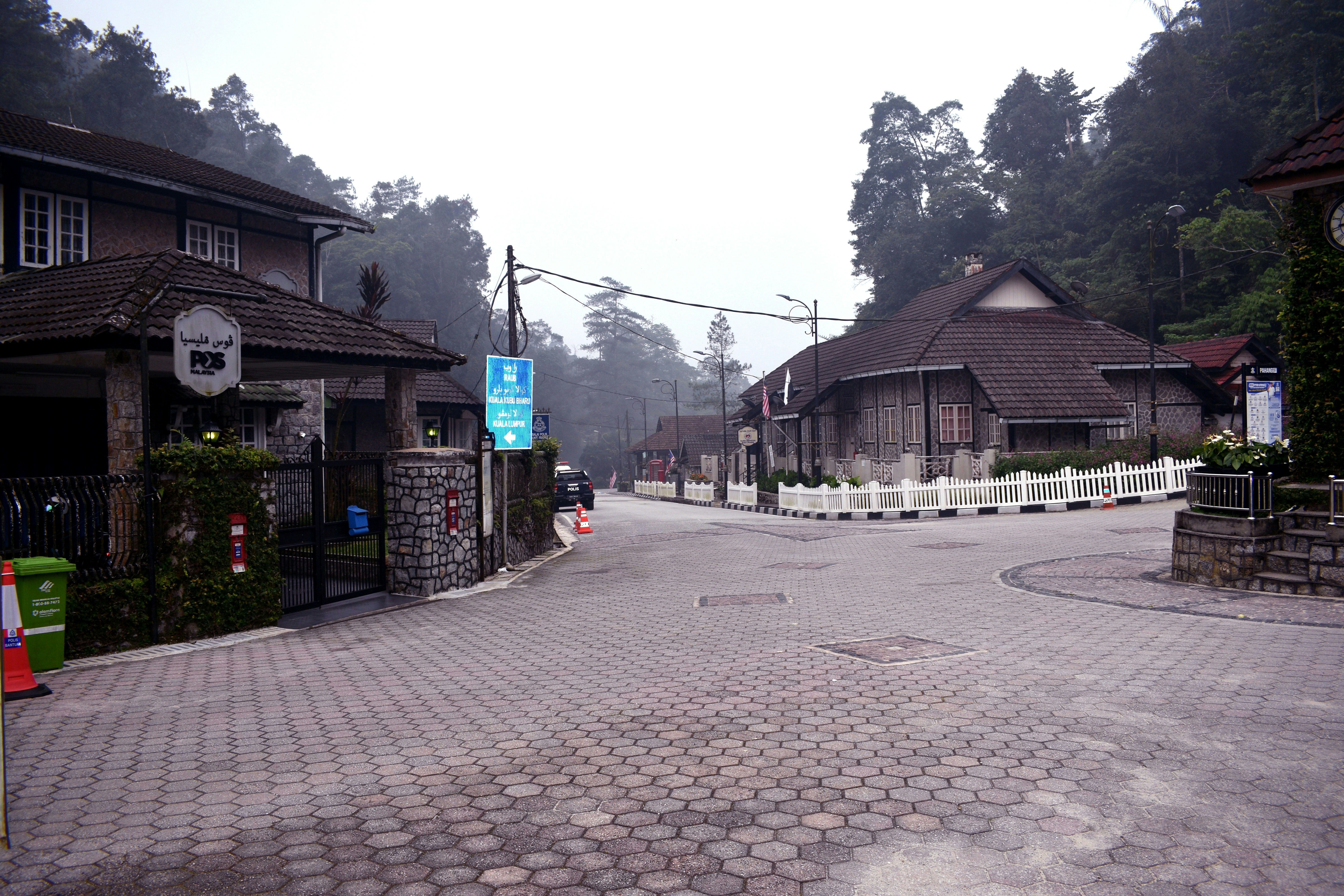 Hazy village road with winding pastures and traditional houses