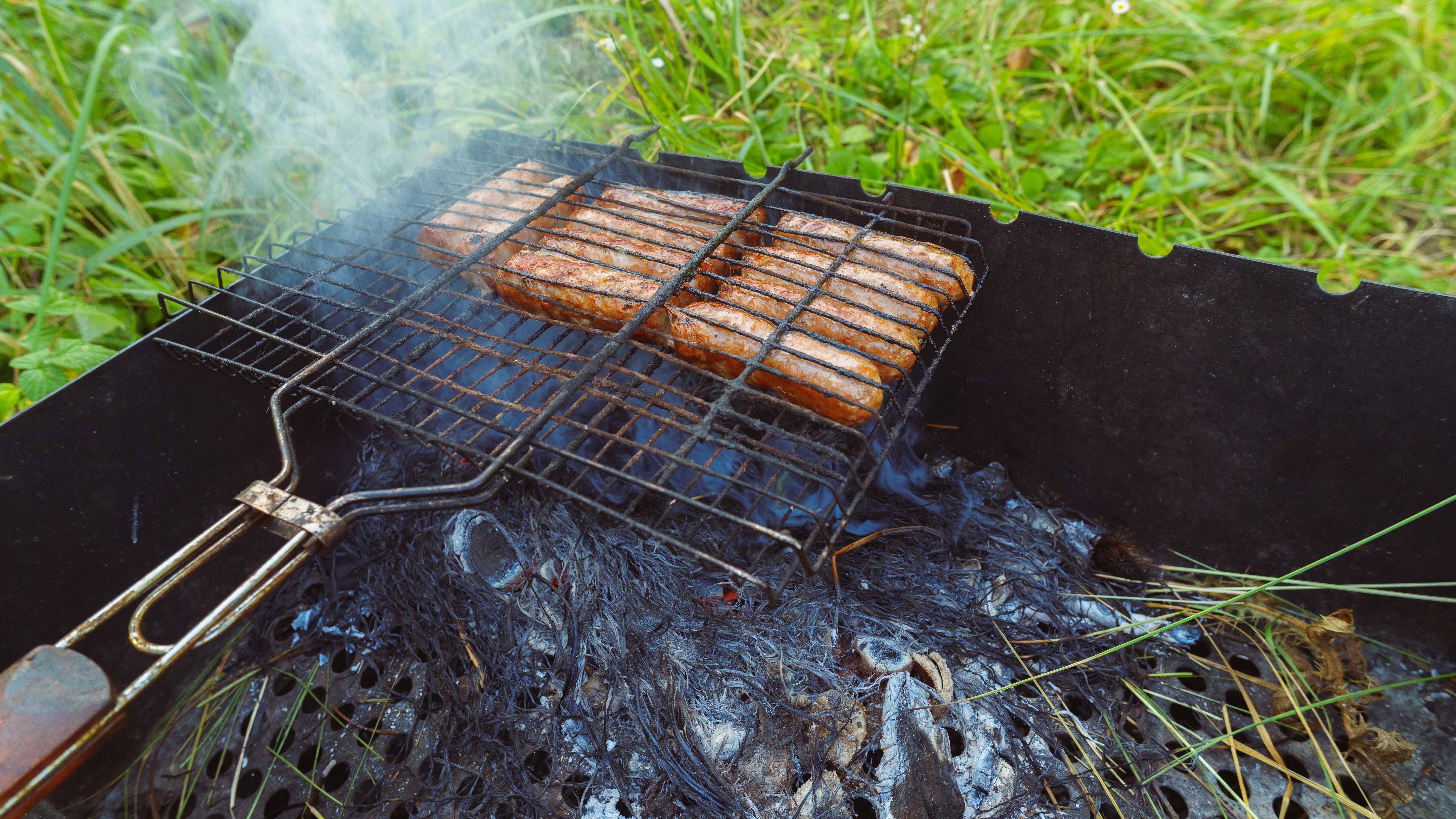 Grilling by the Grass: Charred Snags and Sizzling Patties over an Open Flame