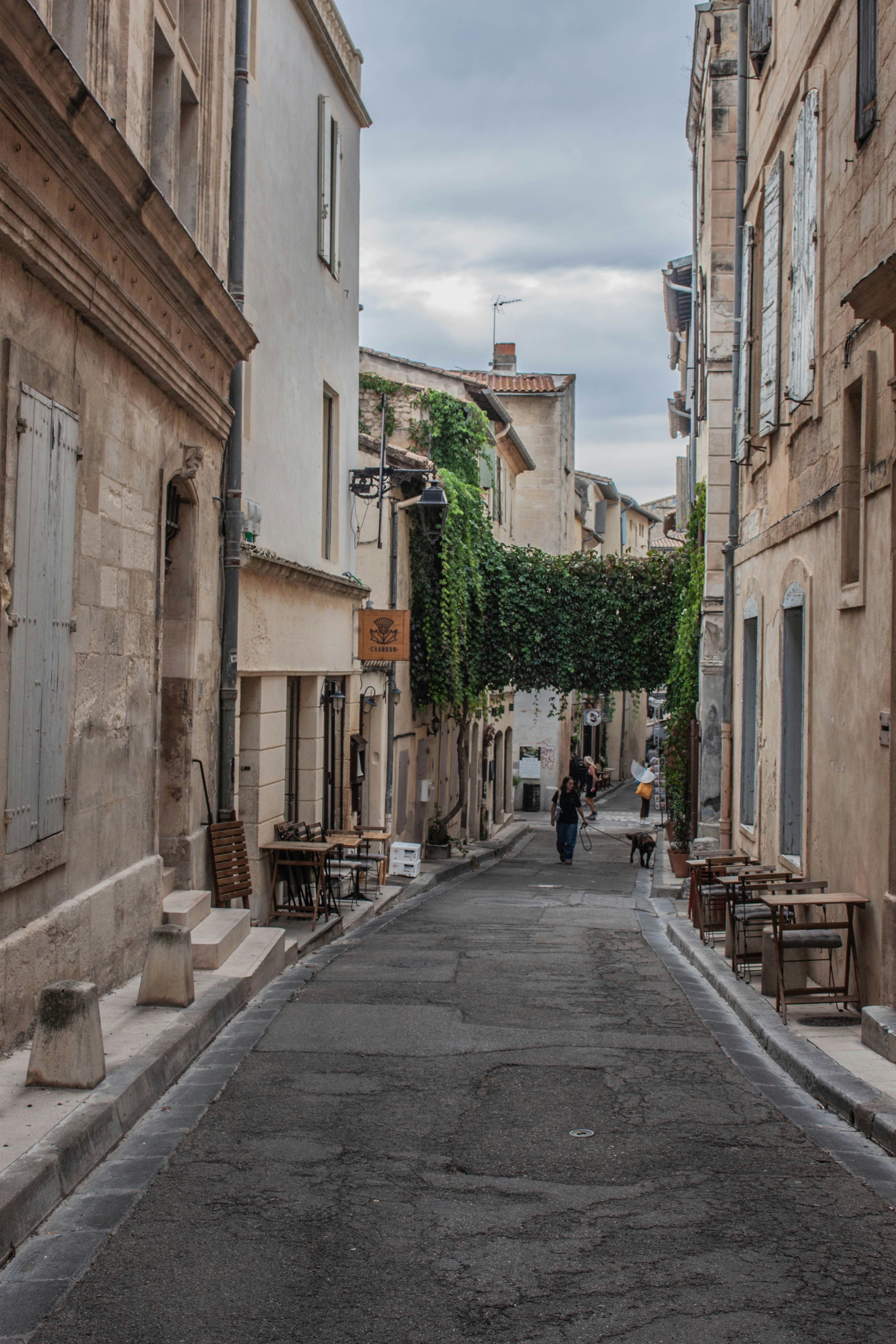 Narrow Greek-Stone Alley Framed by Plazas and Ivy