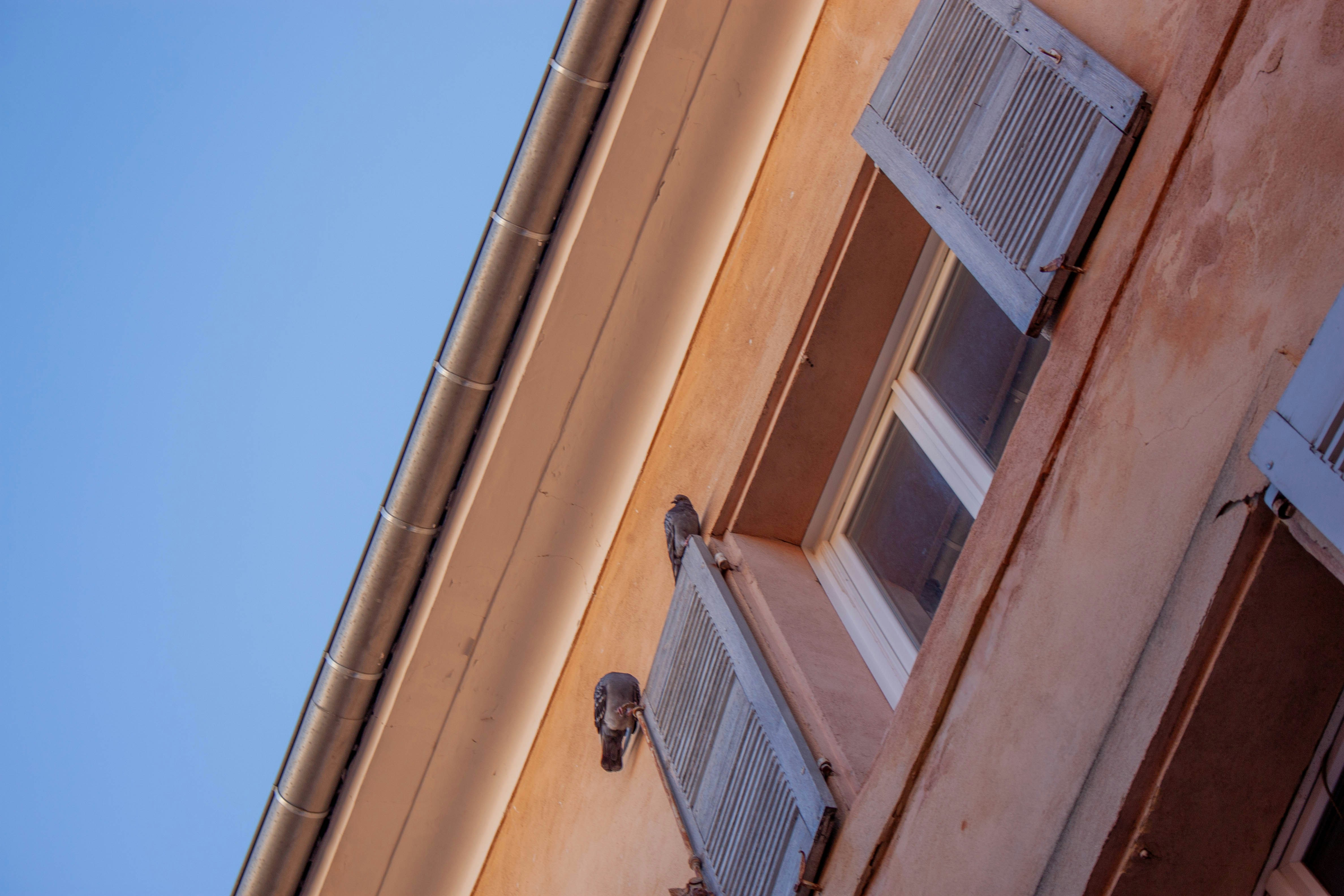 Sunlit Facade: A Tilted Window Balcony in Warm Italianate Hue
