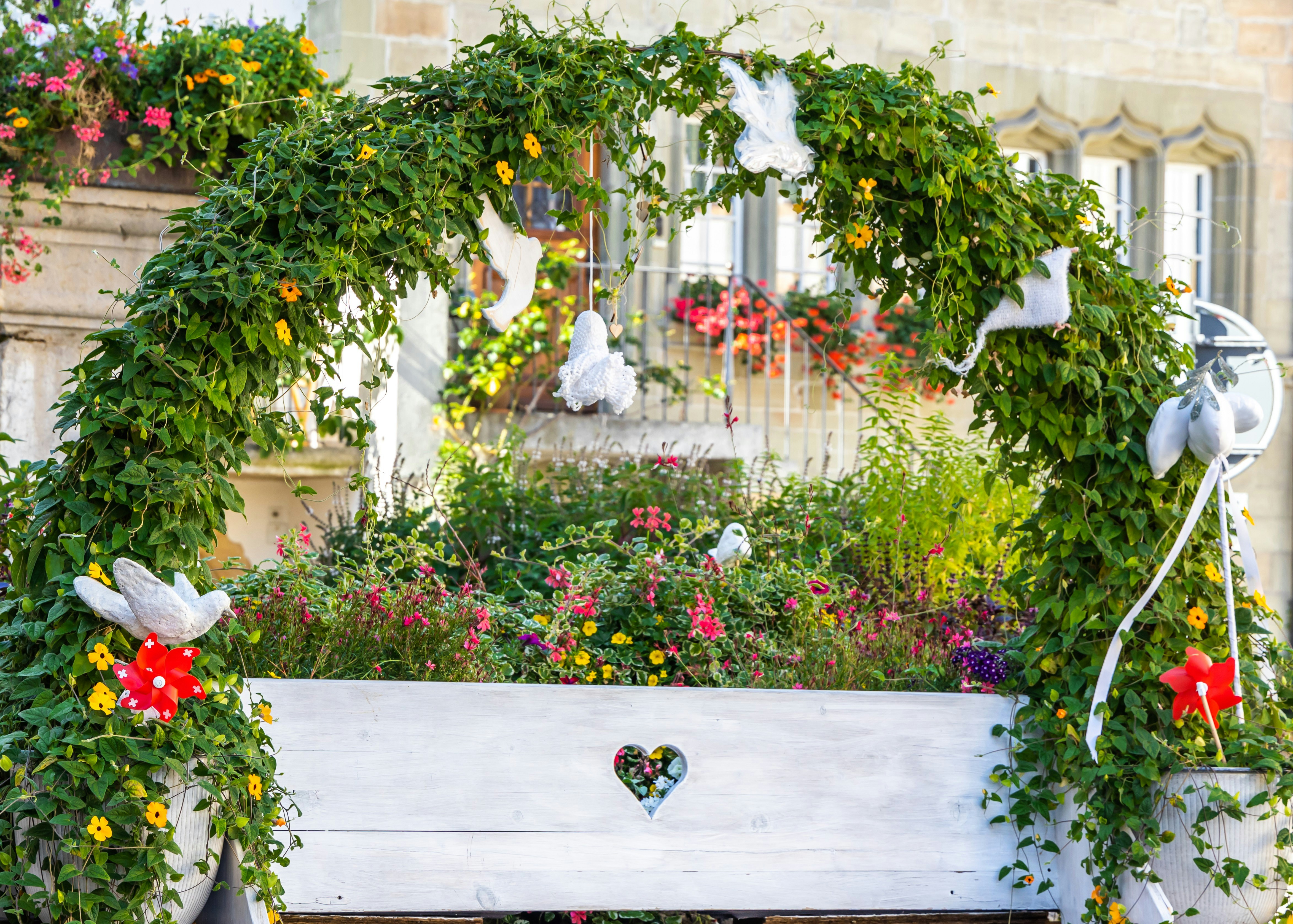 Whitewashed Bench Under a Floral Archway