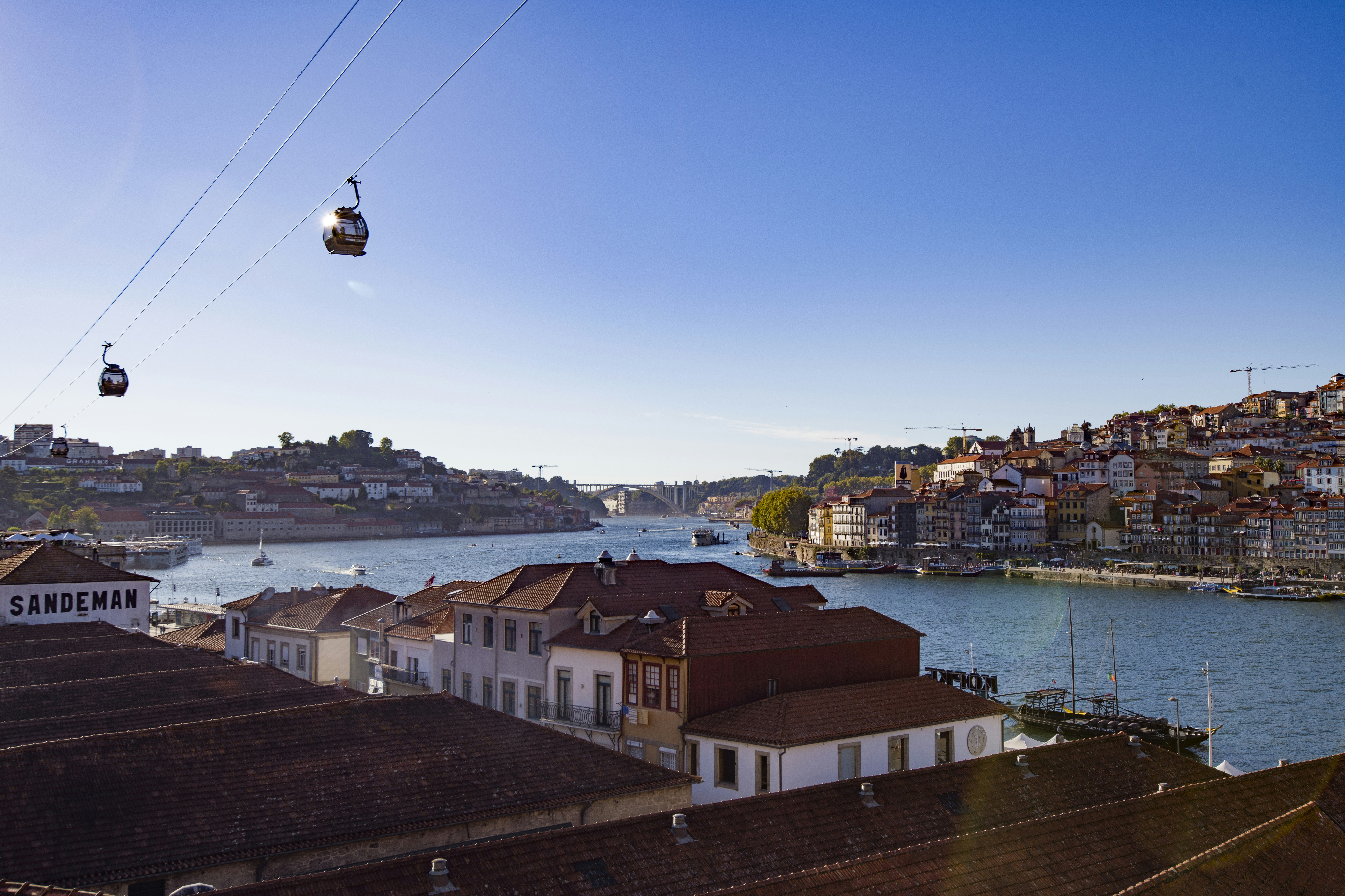 Cable Cars Skimming the Waterfront Toward a Sunlit Harbor