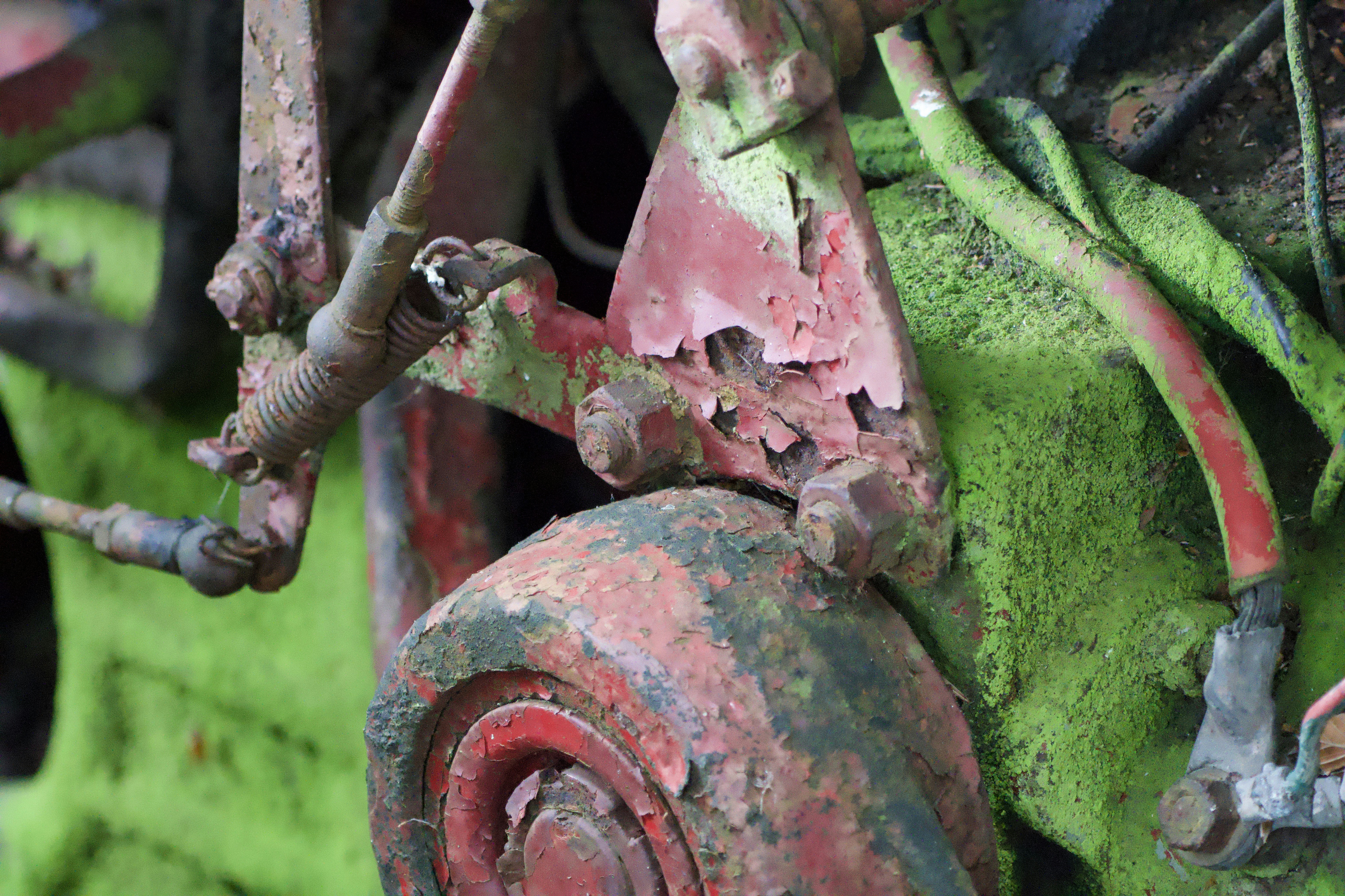 Rust-Cleaved Green Machinery: A Close-Up of Decay on a Farm Implement