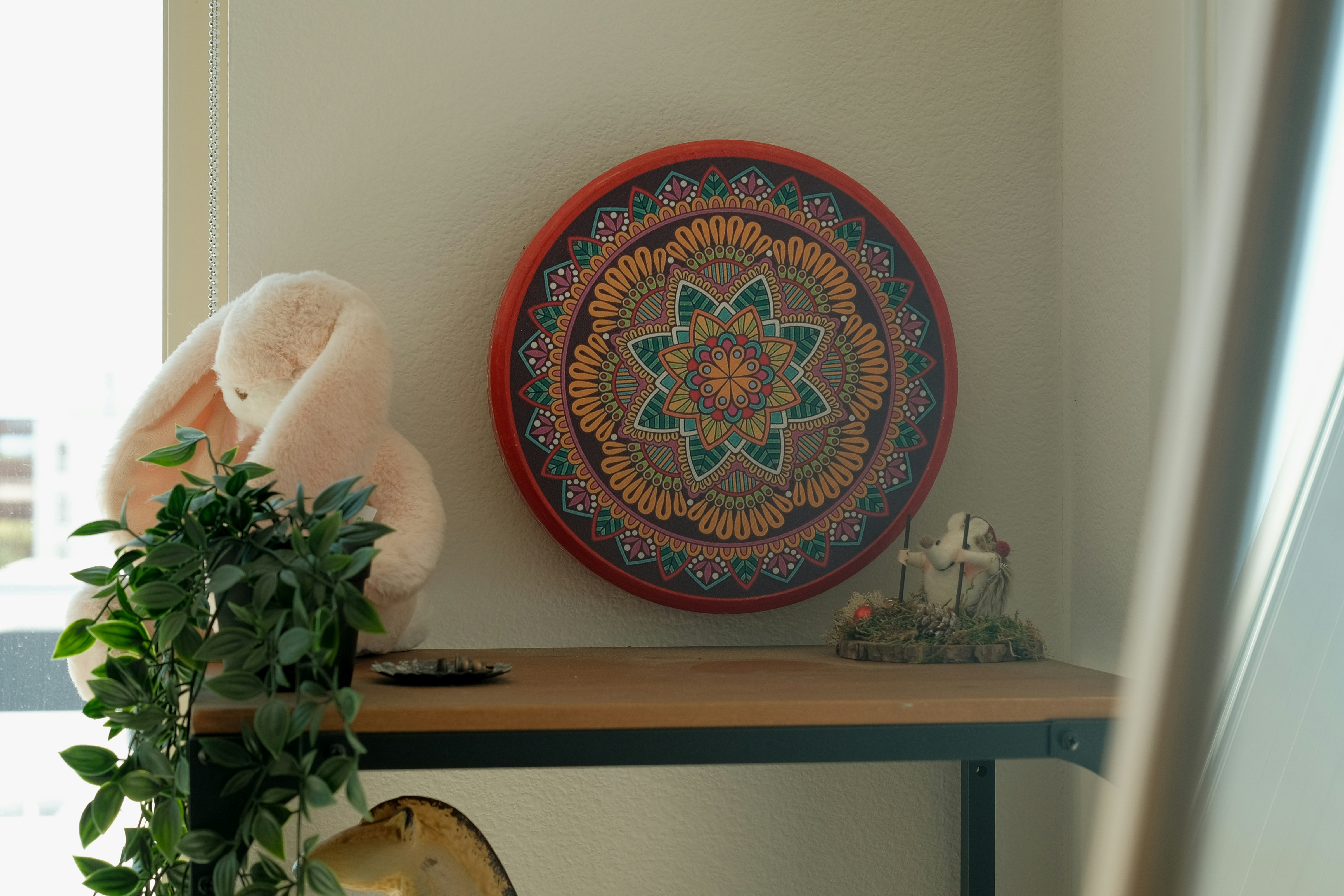 Mandala on the Wall: Symmetry, Plant, and Plush on a Sunlit Shelf