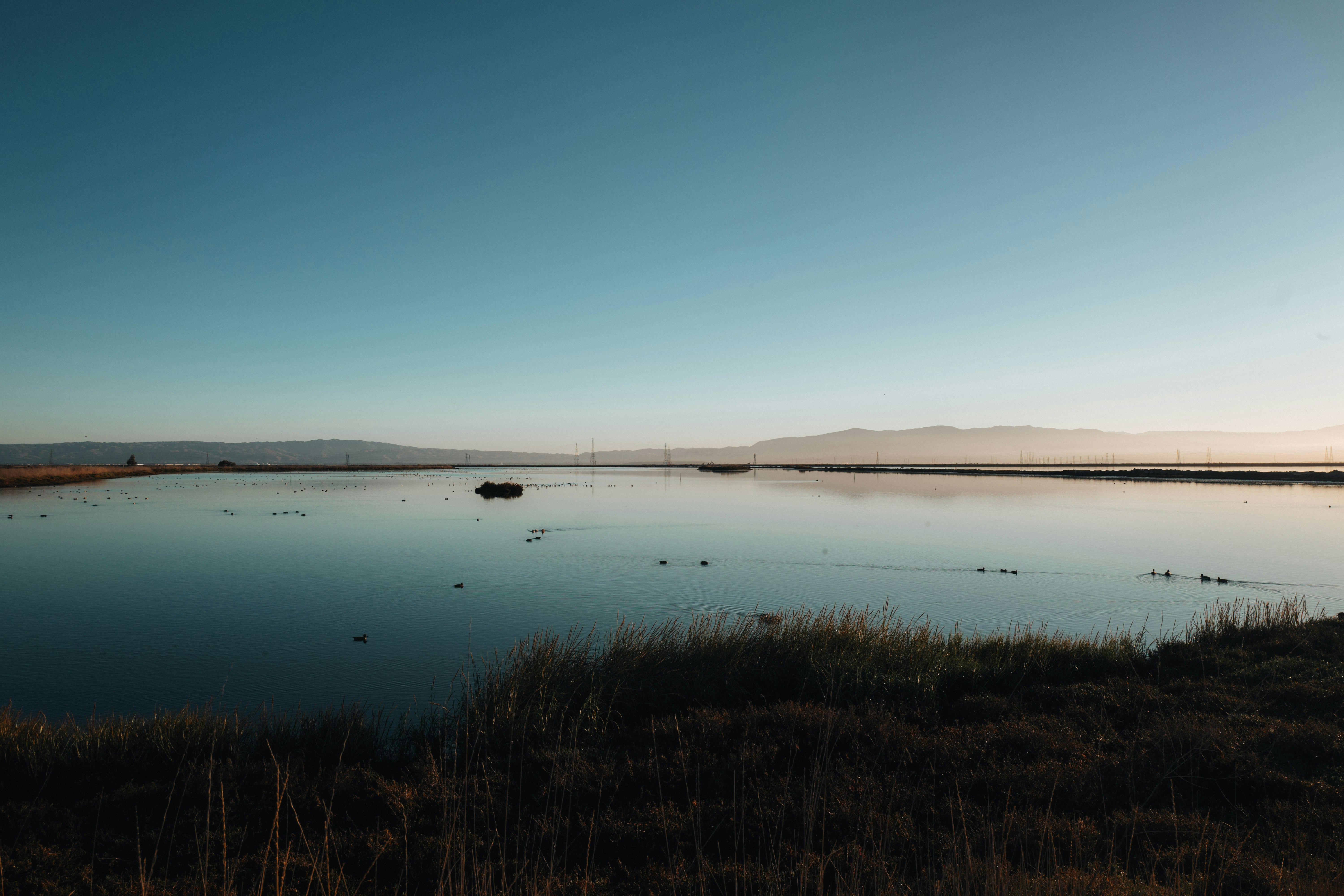 Calm wetland waters and distant hills at Palo Alto Baylands during golden hour.