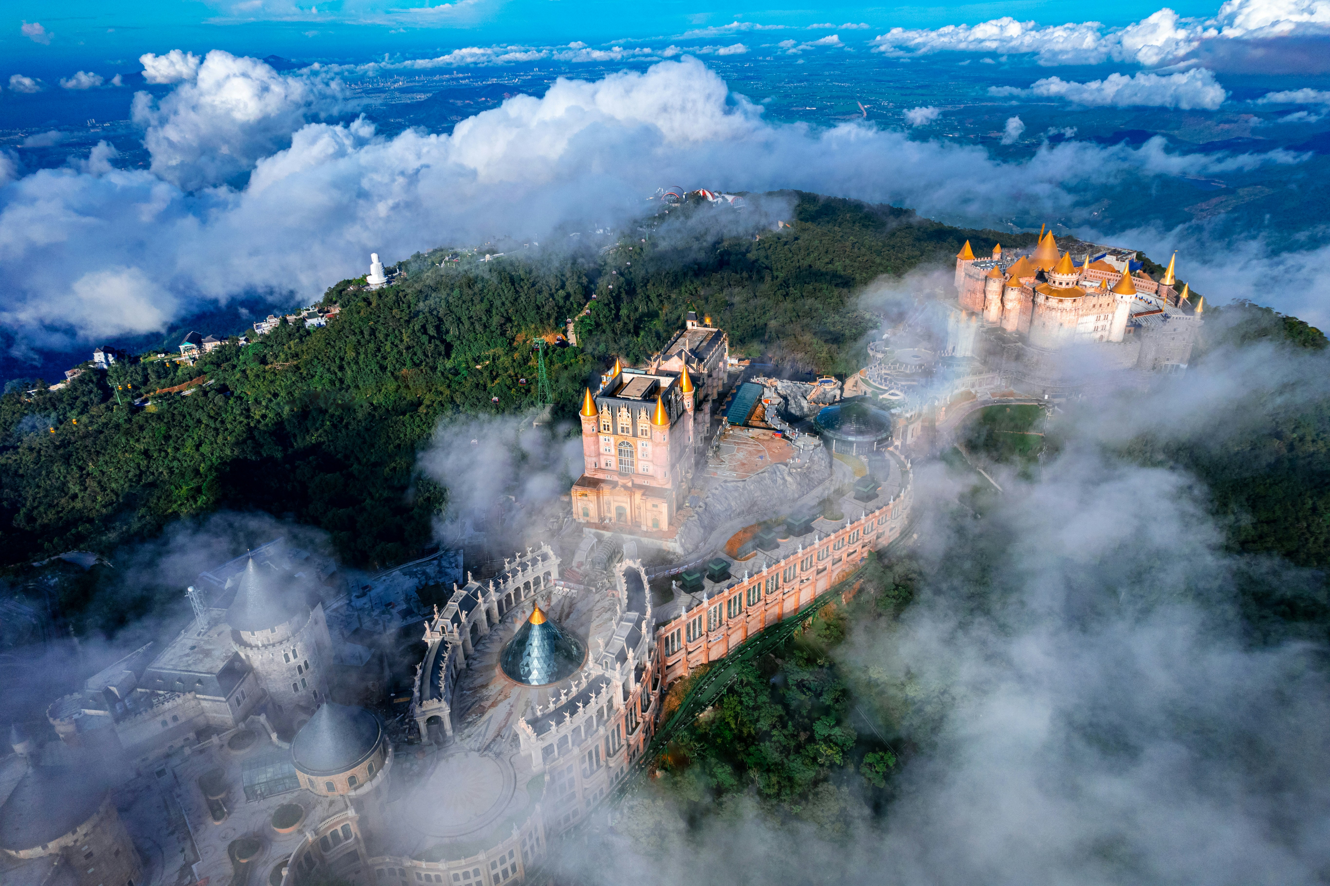 Castle on the Mist: Aerial Dawn Over a Moorish Fortress Complex