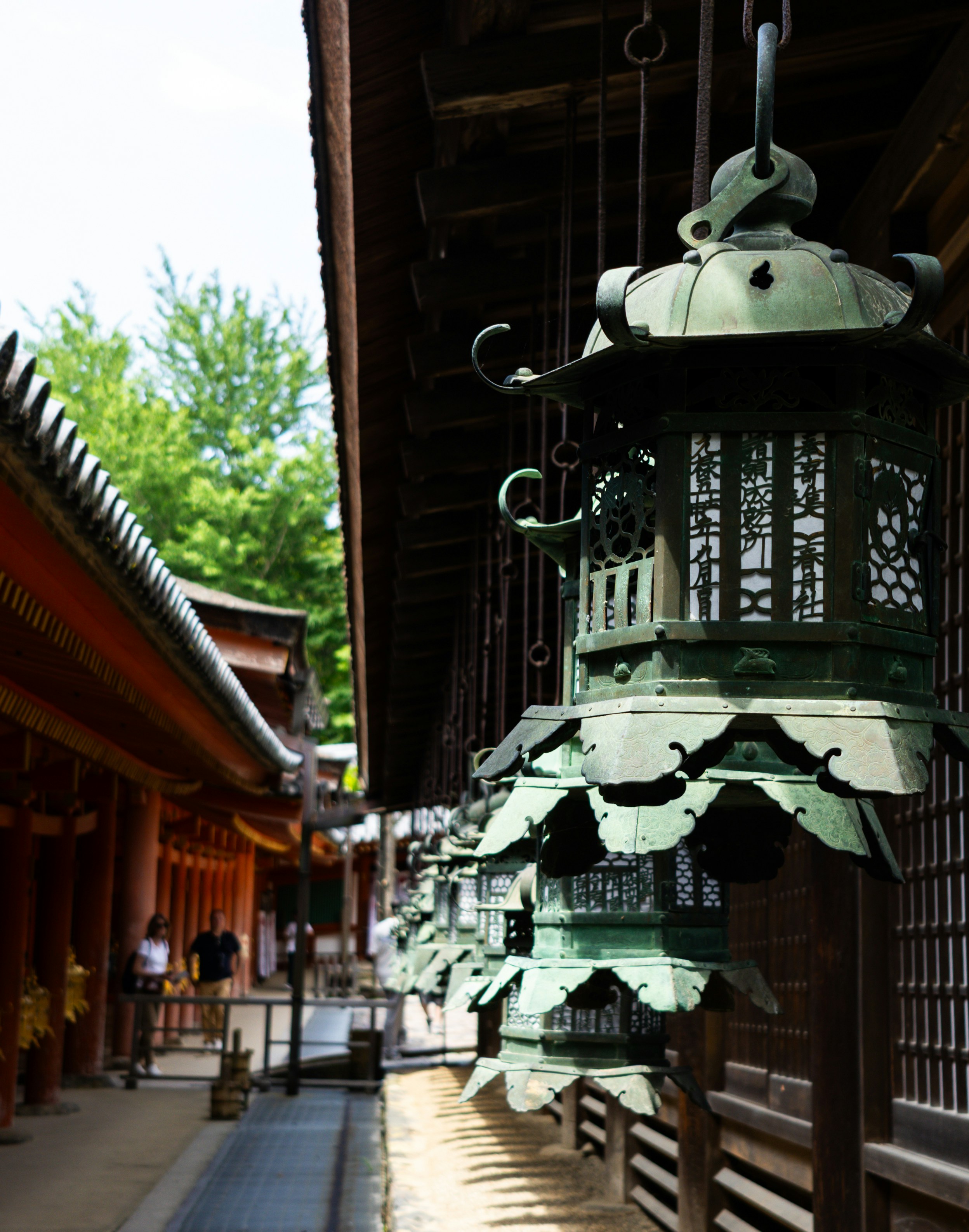 Hanging Lanterns and Wooden Corridor at a Sacred Site