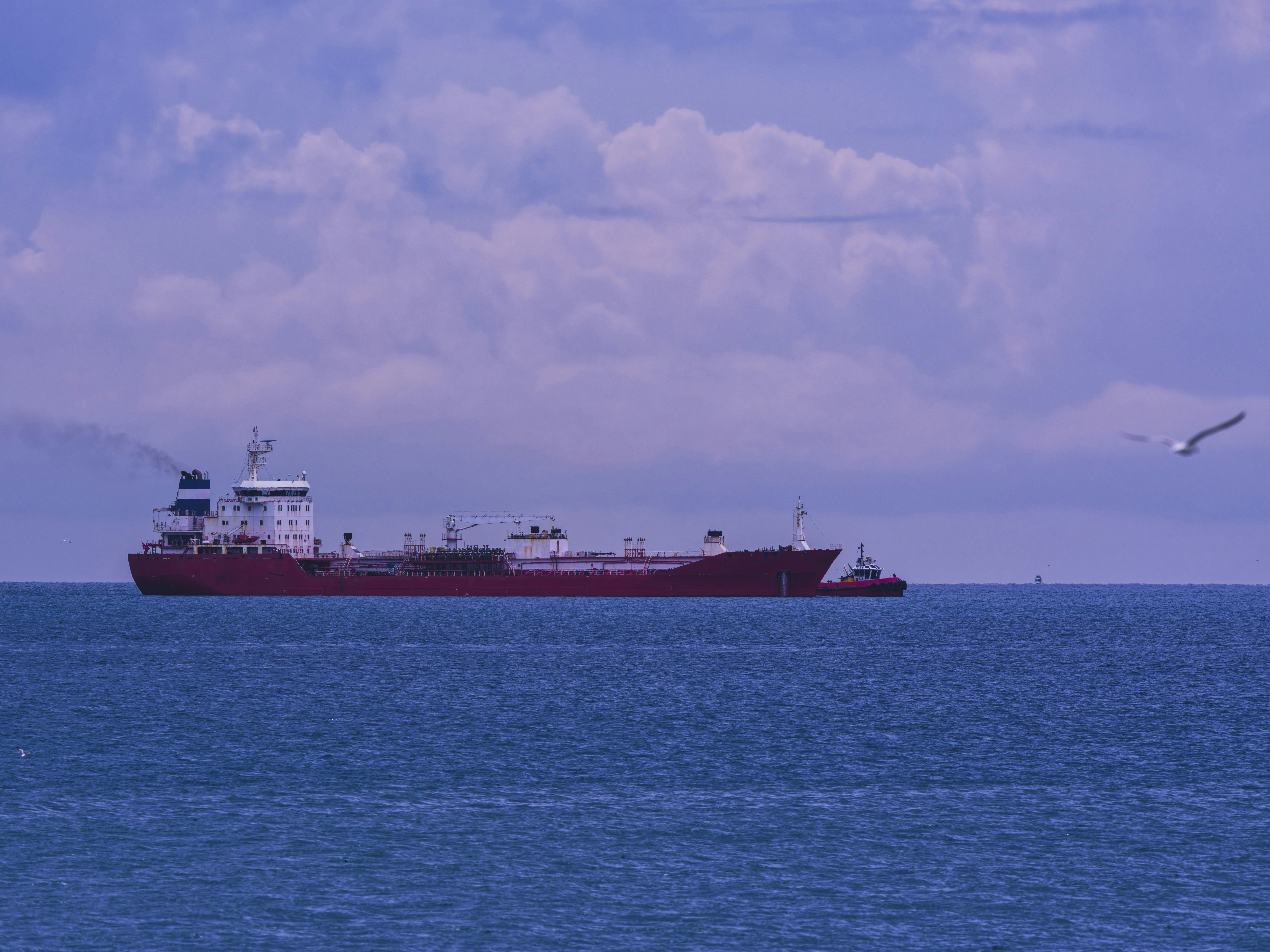Red Freighter on a Quiet Blue Horizon