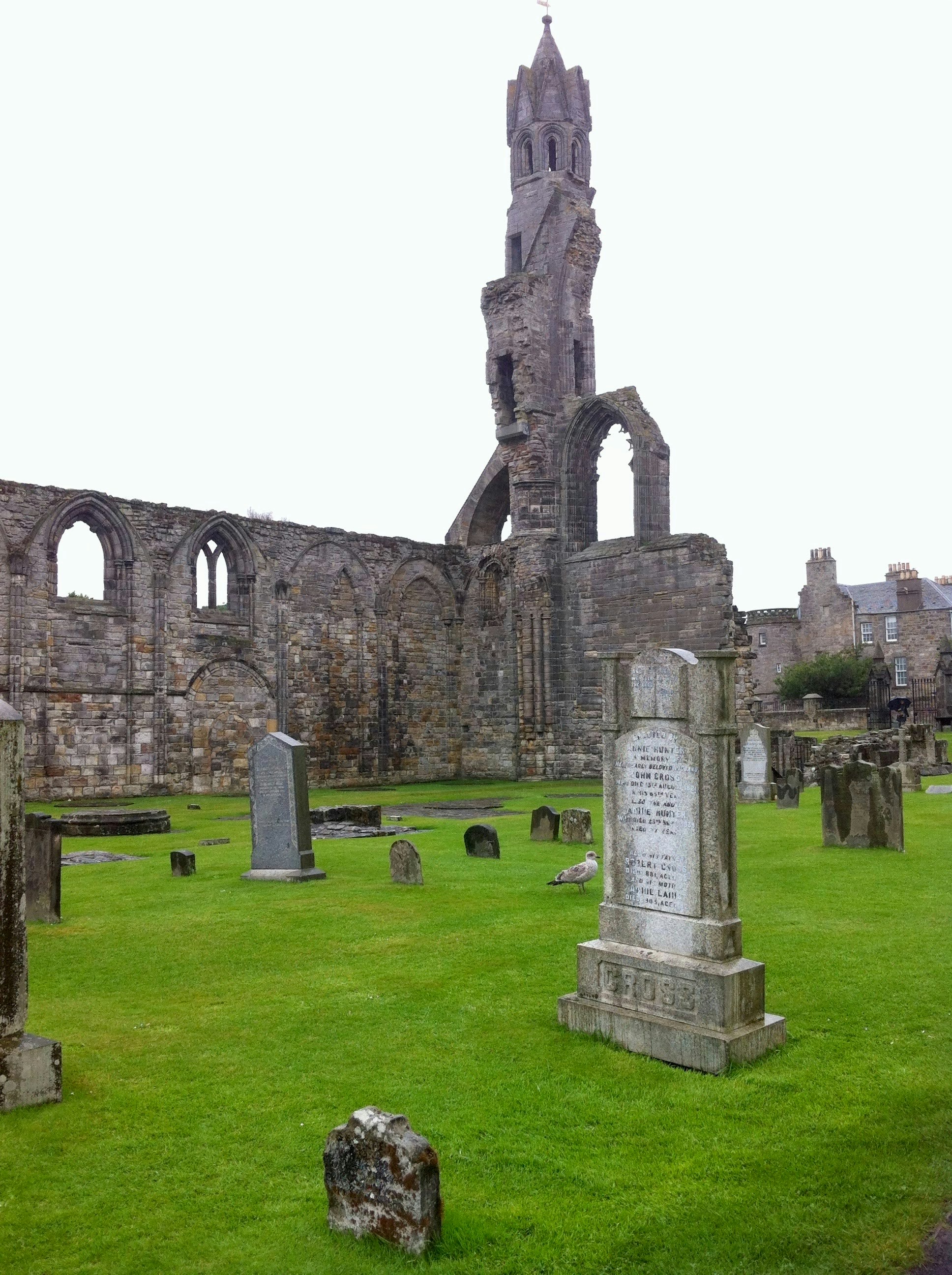 Stone ruins and a weathered gravestone rise above a green graveyard, with remaining arches framing a distant village.