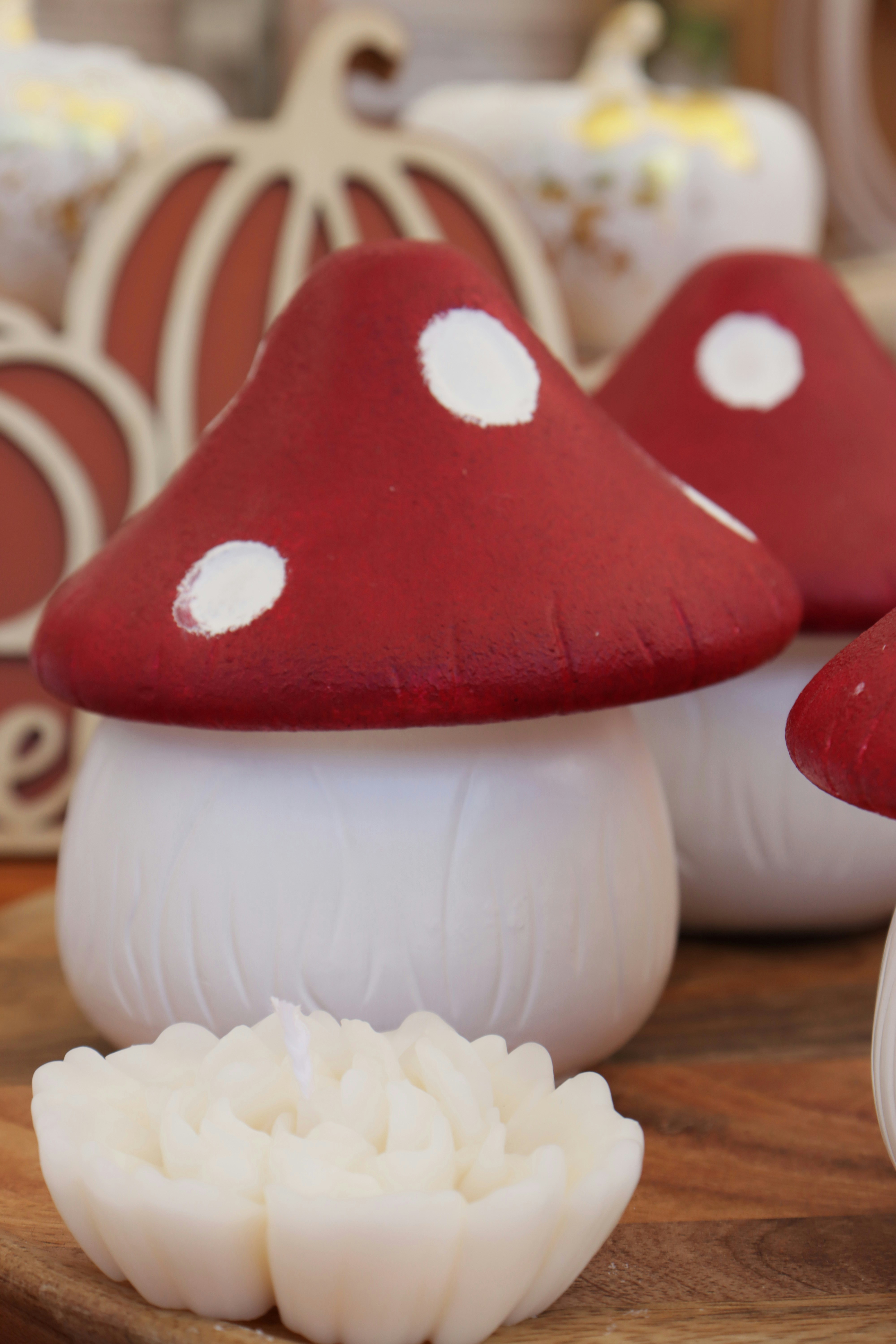 Red-Capped Mushrooms under Soft Glow — Whimsical Bakery Ornaments