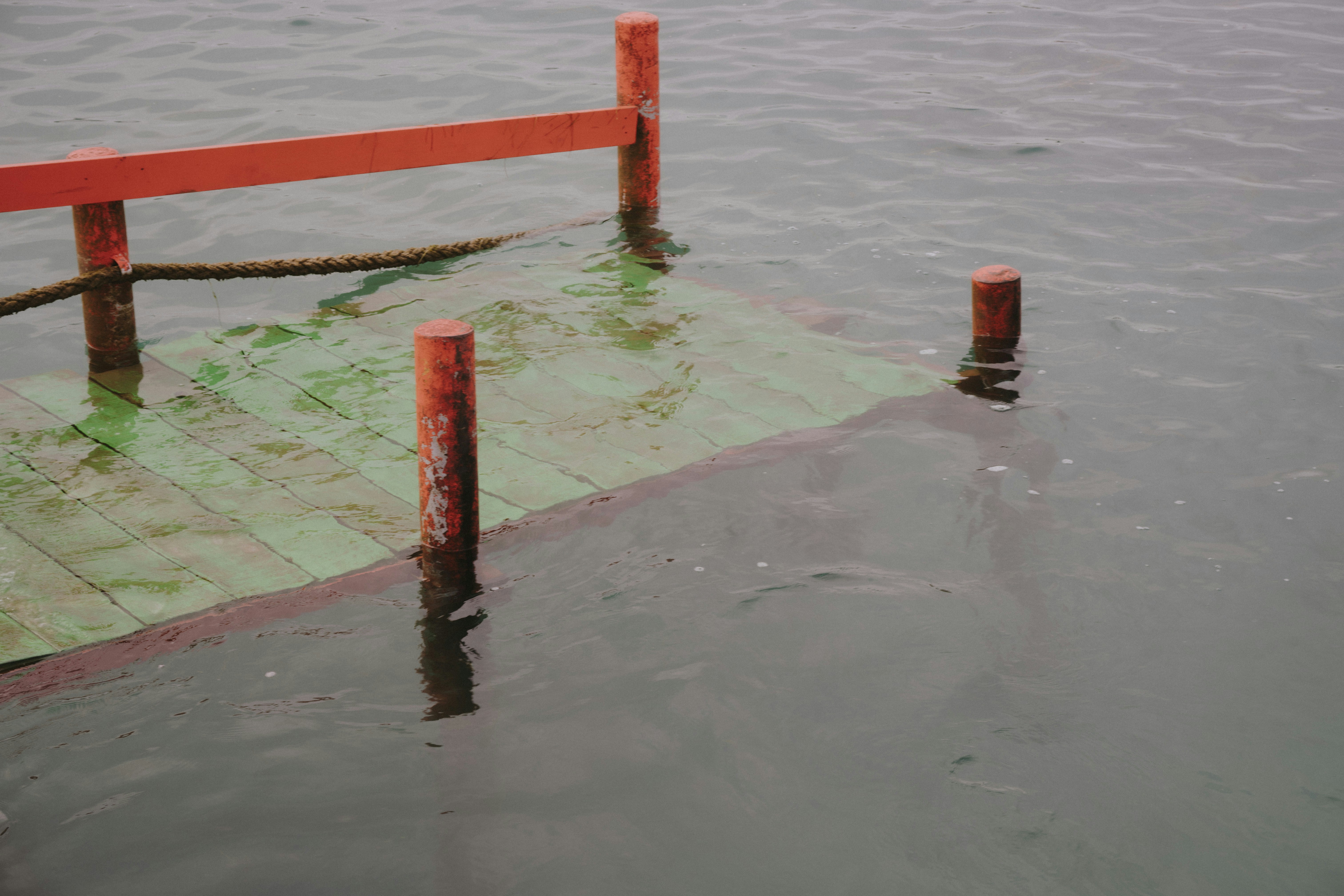 Tide-Kissed Rail: A Drowned Dock fading into calm water