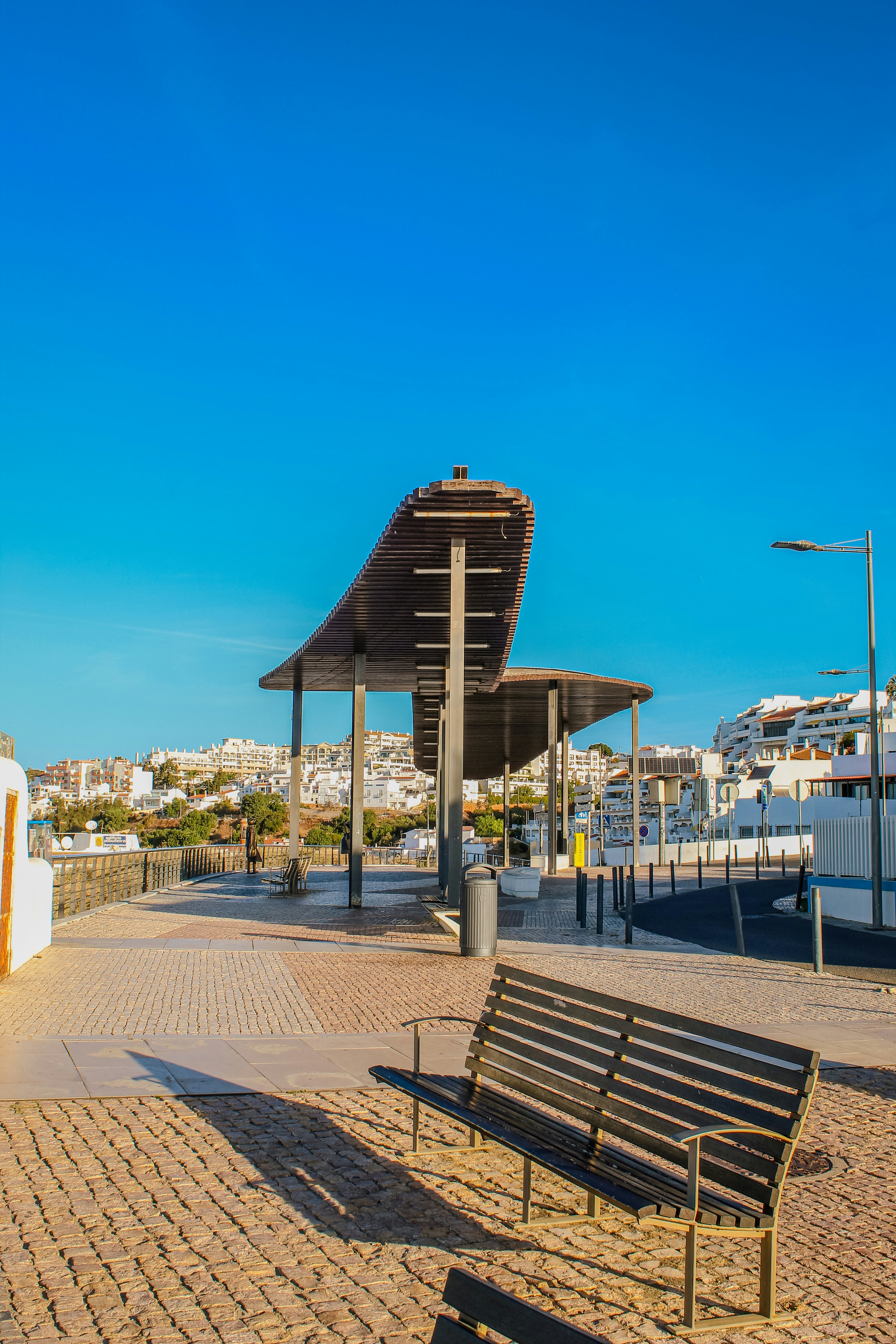 Shelter by the Sea: Sunlit Plaza with Curved Canopy