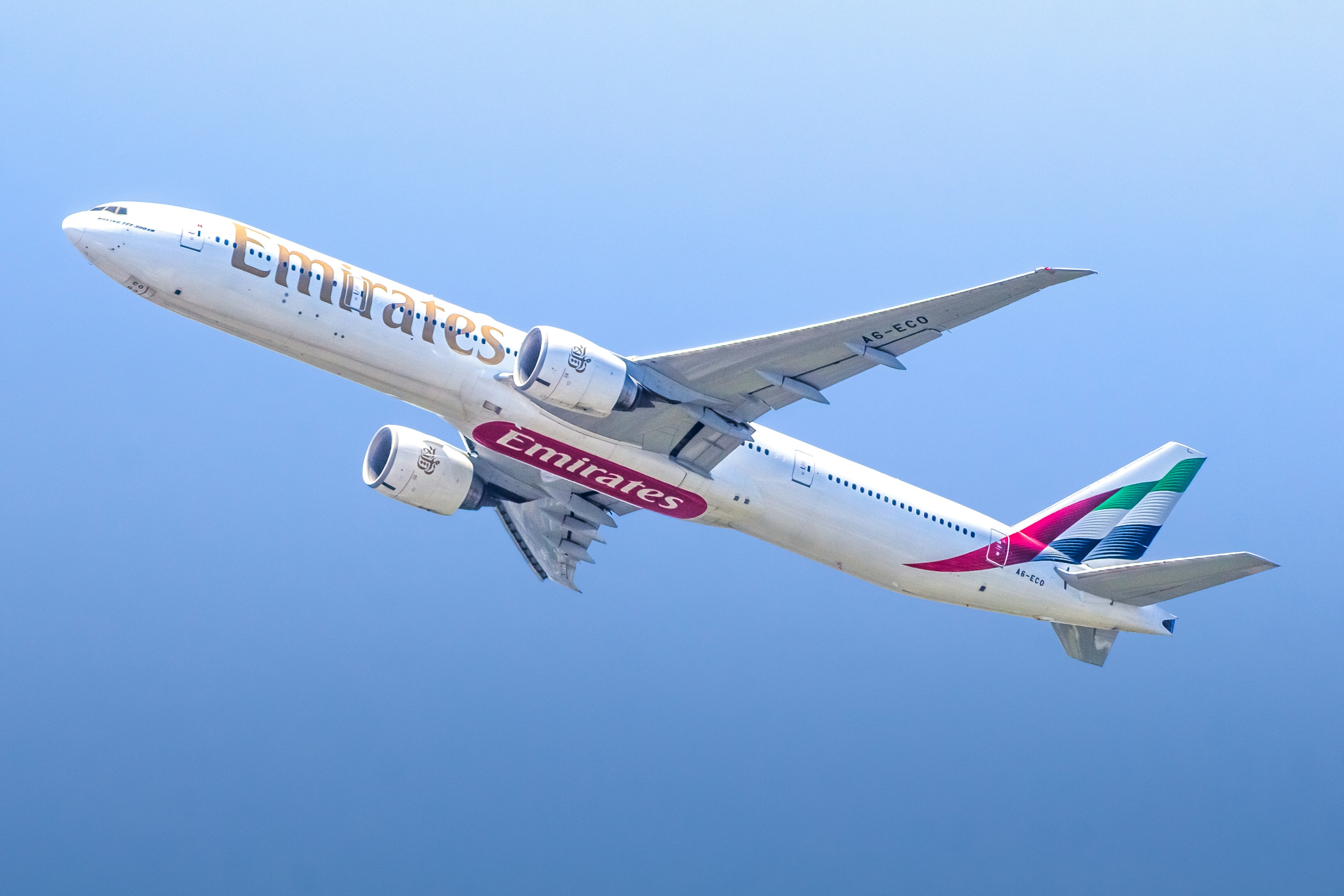 Emirates B777-300ER wearing new livery. The A6-ECO