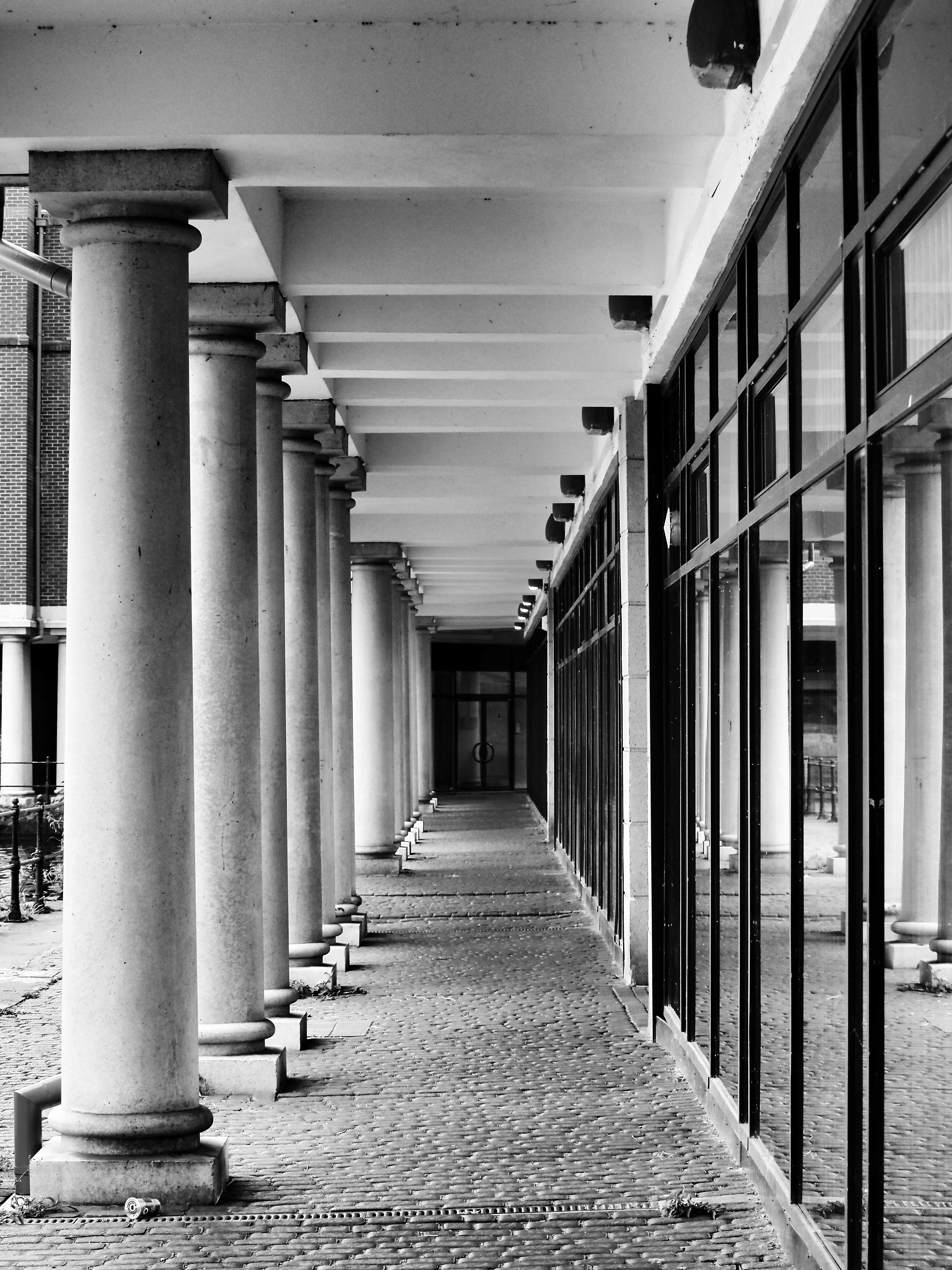 A grayscale corridor lined with tall columns and glass storefronts recedes into a distant doorway, capturing architectural rhythm and symmetry.