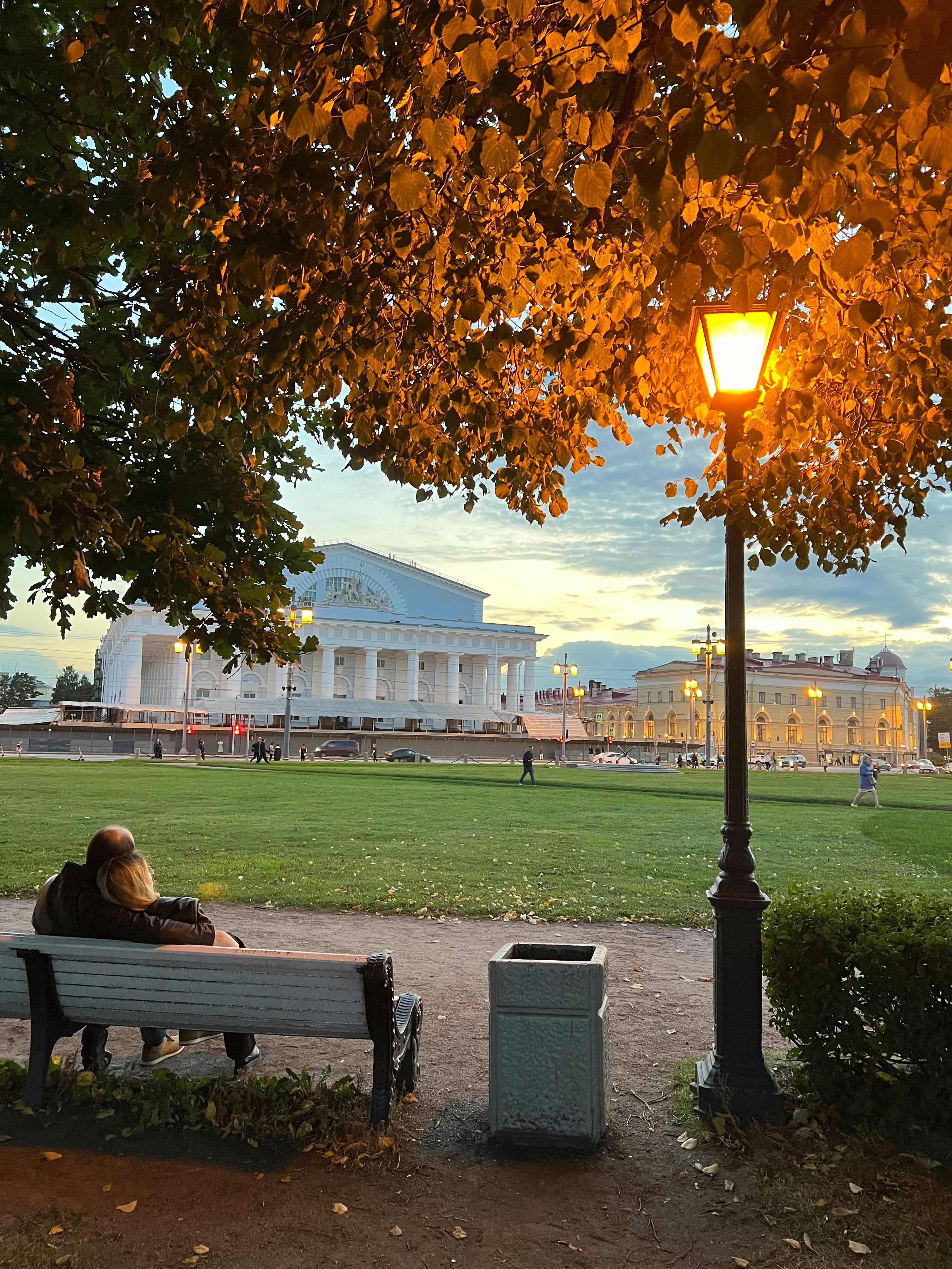 Evening Lanterns Over the Park Bench