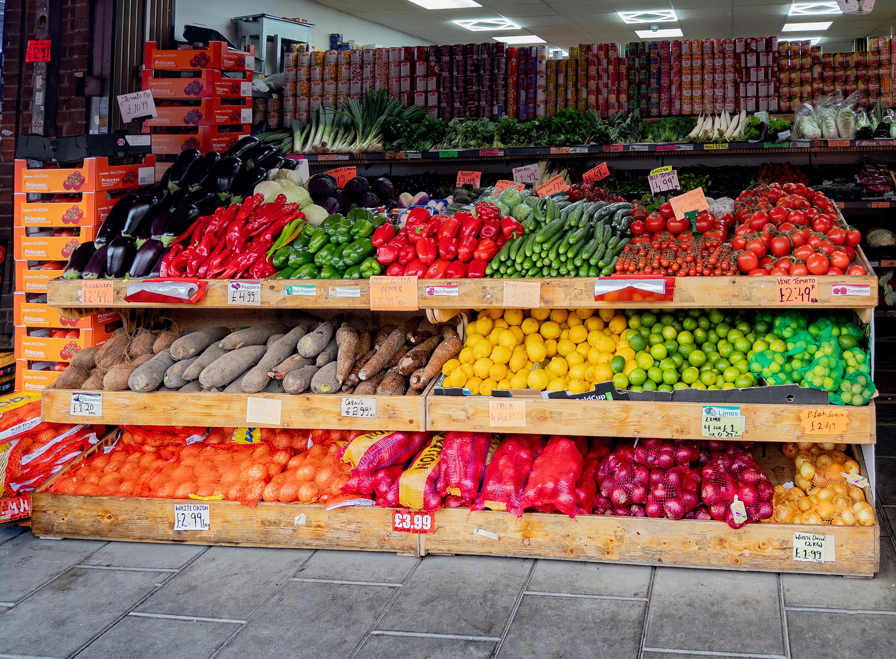 Vibrant Market Stack: An Abundant Produce Display Under Fluorescent Light