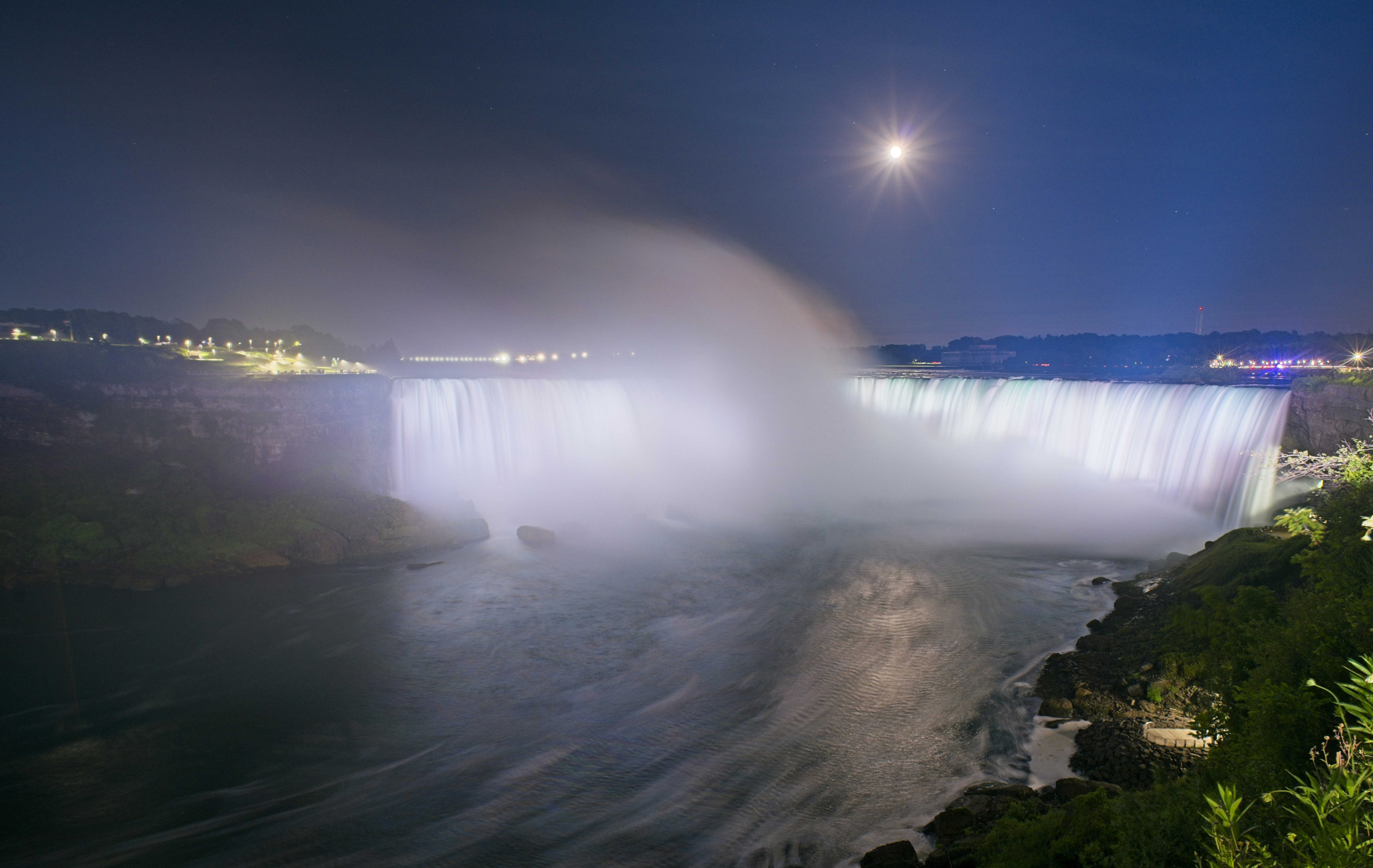 Moonlit Veil Over Niagara: Mist, Lights, and a Silent Moon