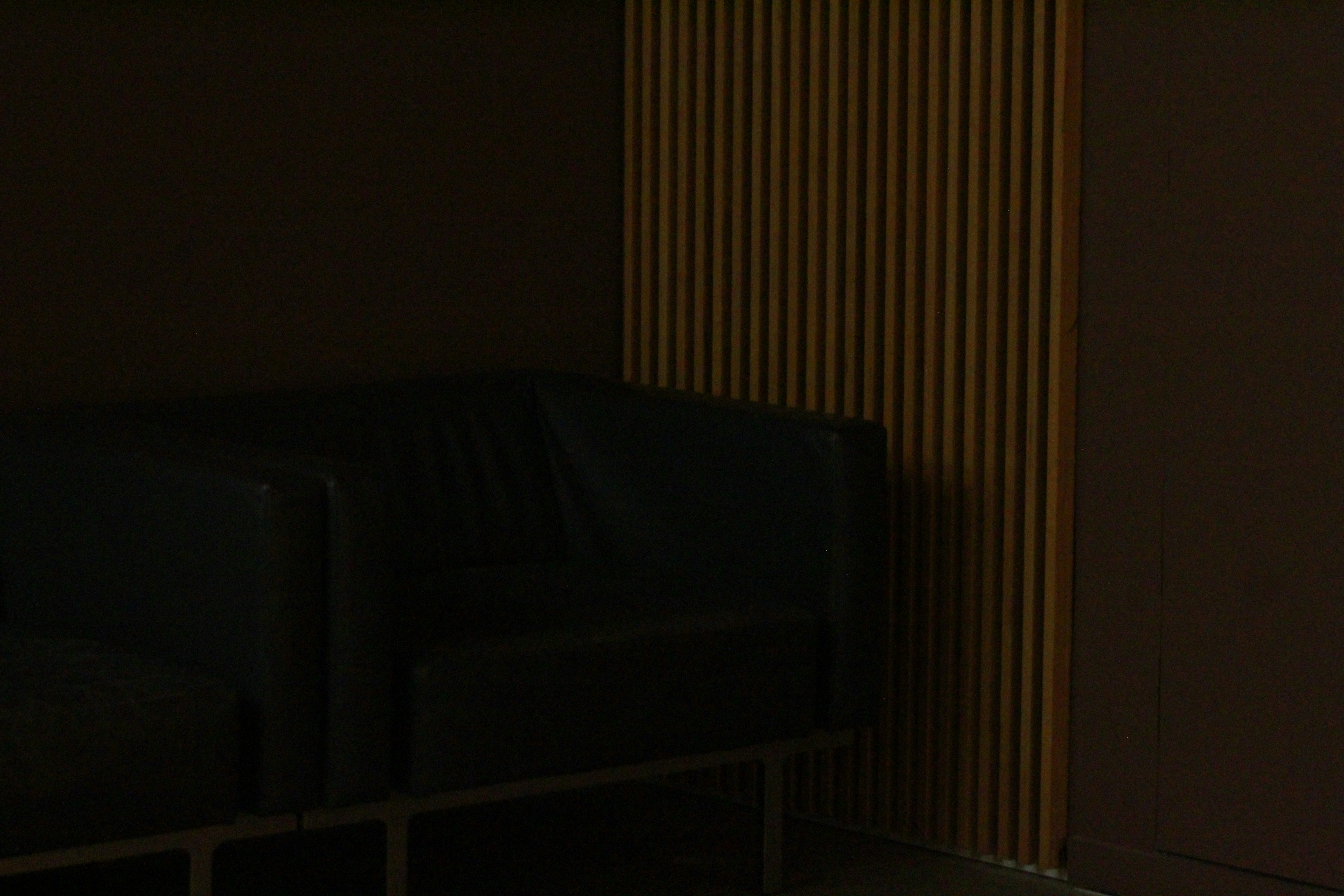 Dim Lounge: Quiet Corner with Vertical Wooden Slats