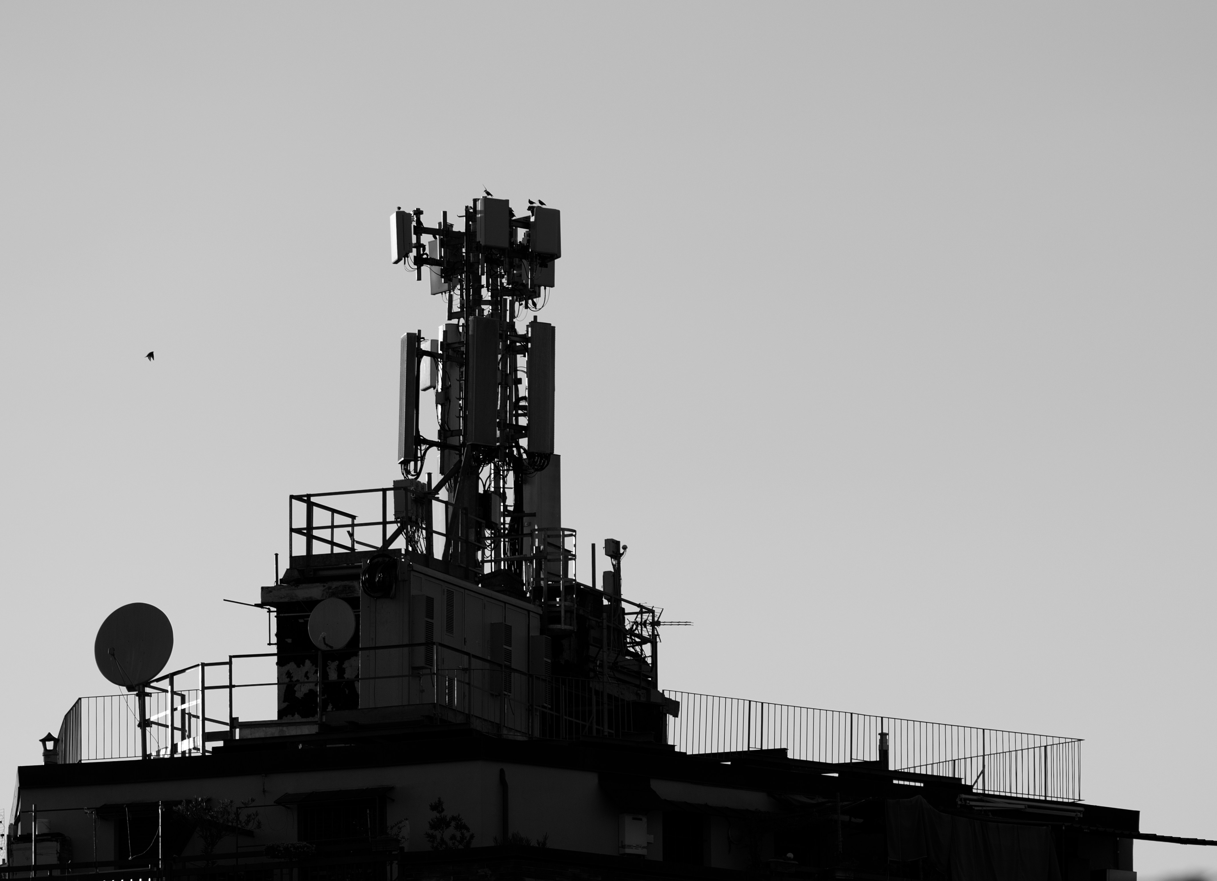 Industrial Peak: A Rooftop Antenna Skyline in Monochrome