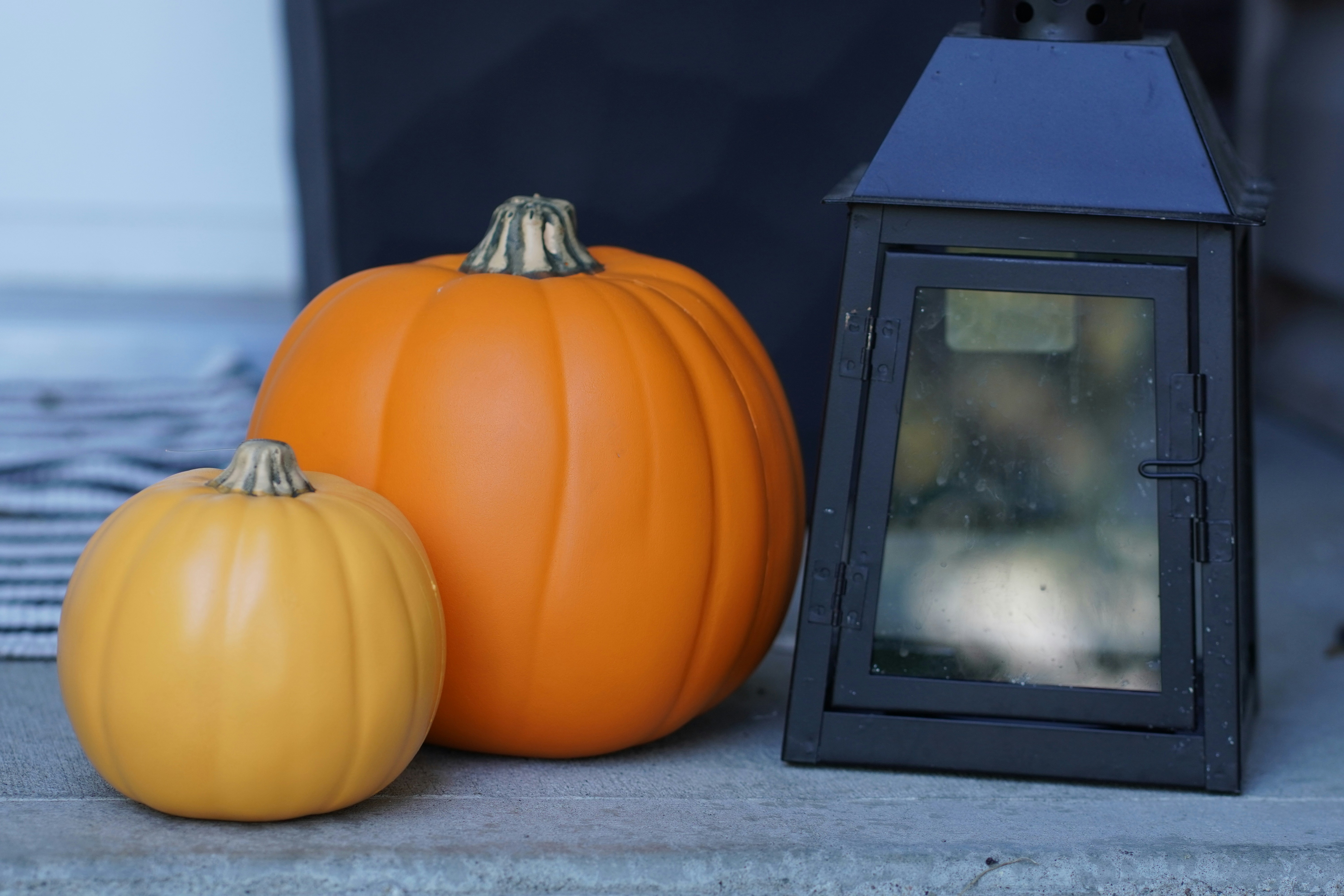 Autumn Stillness: Two pumpkins beside a lantern on a wooden step