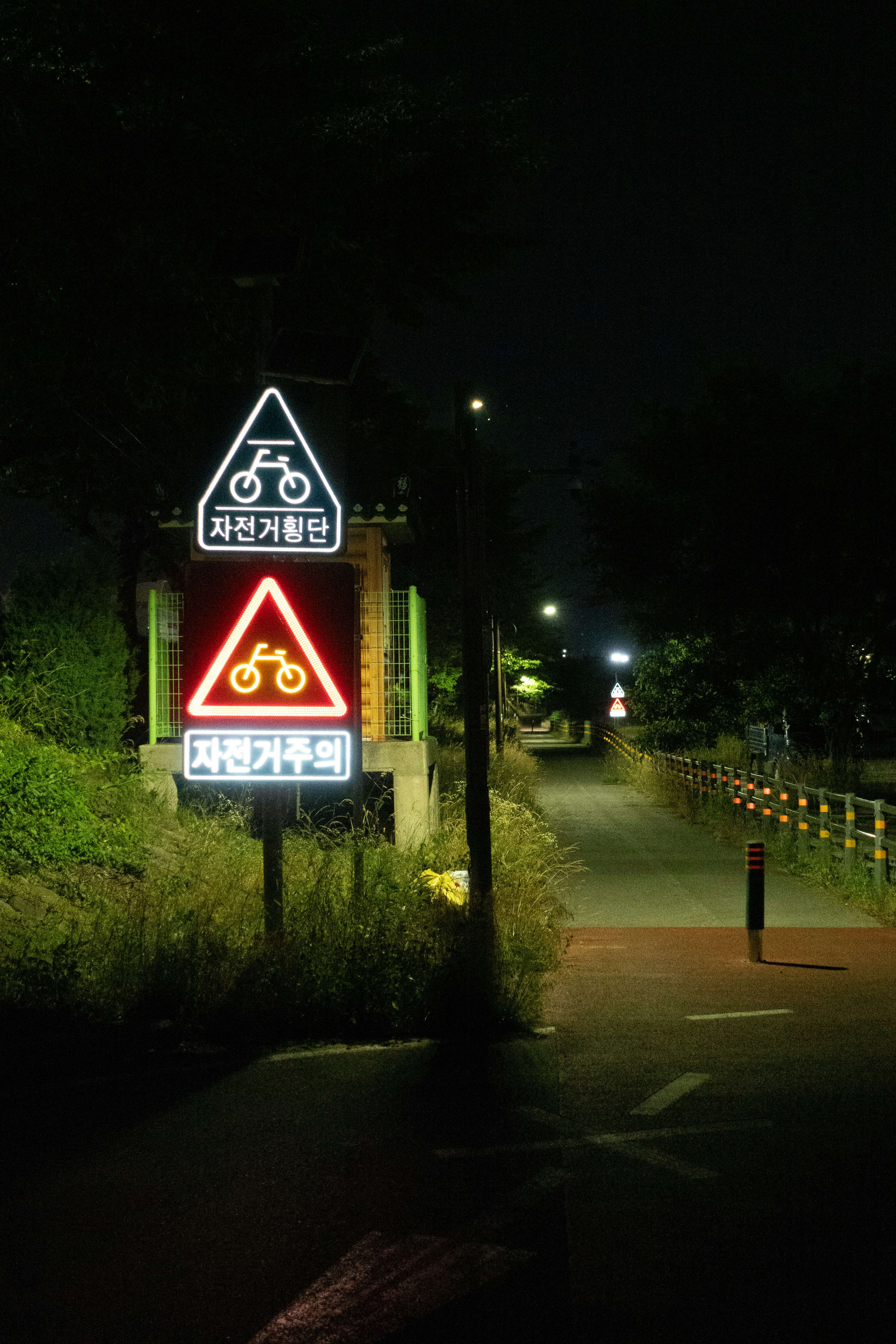 Neon bike warnings at dusk: a quiet park path guarded by illuminated signs