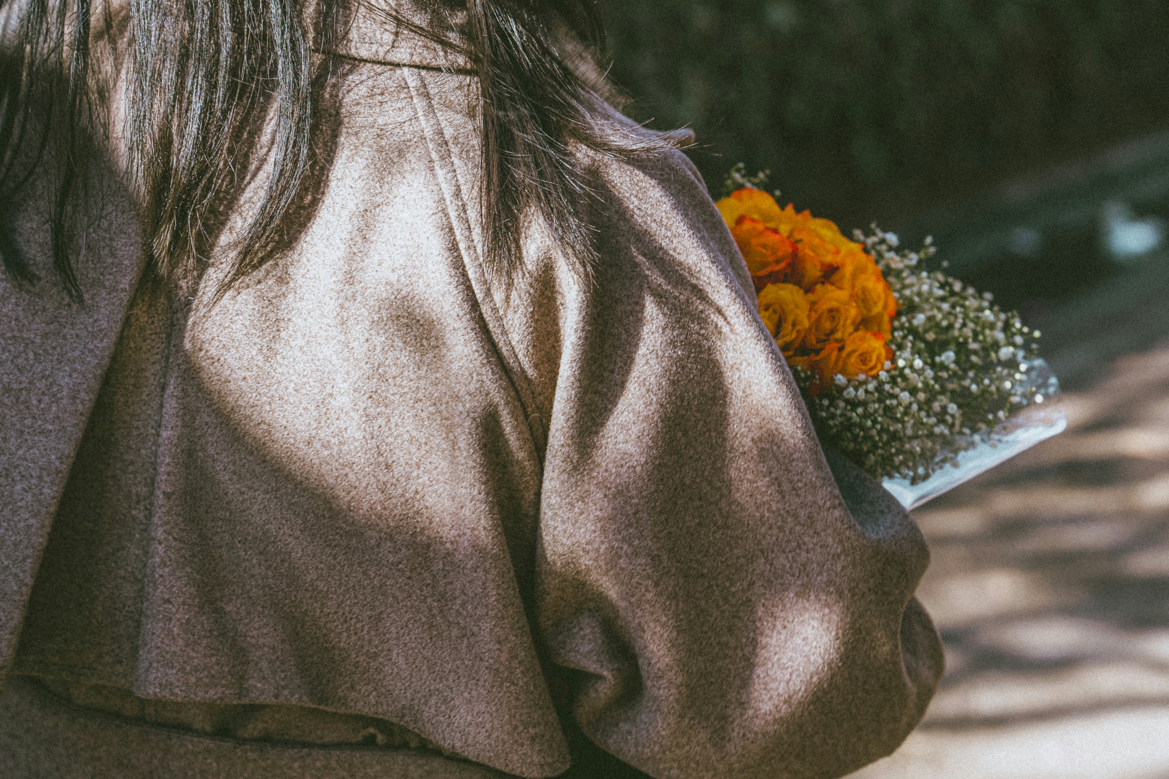 Autumn Bouquet Held Close, Sunlit Backridges Casting Gentle Shadows