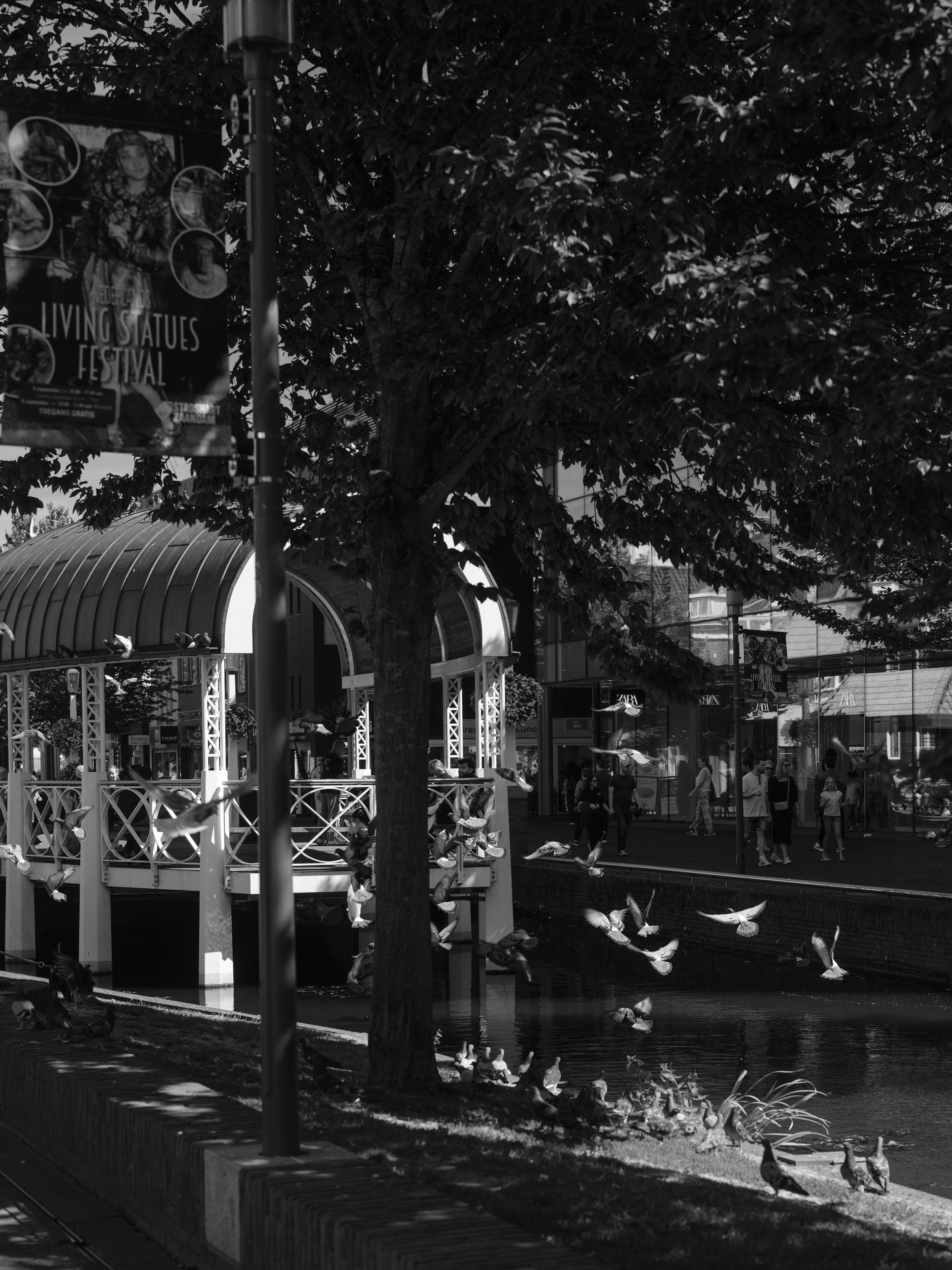 Midday Crowds, Quiet Canal: A Black-and-White City Scene
