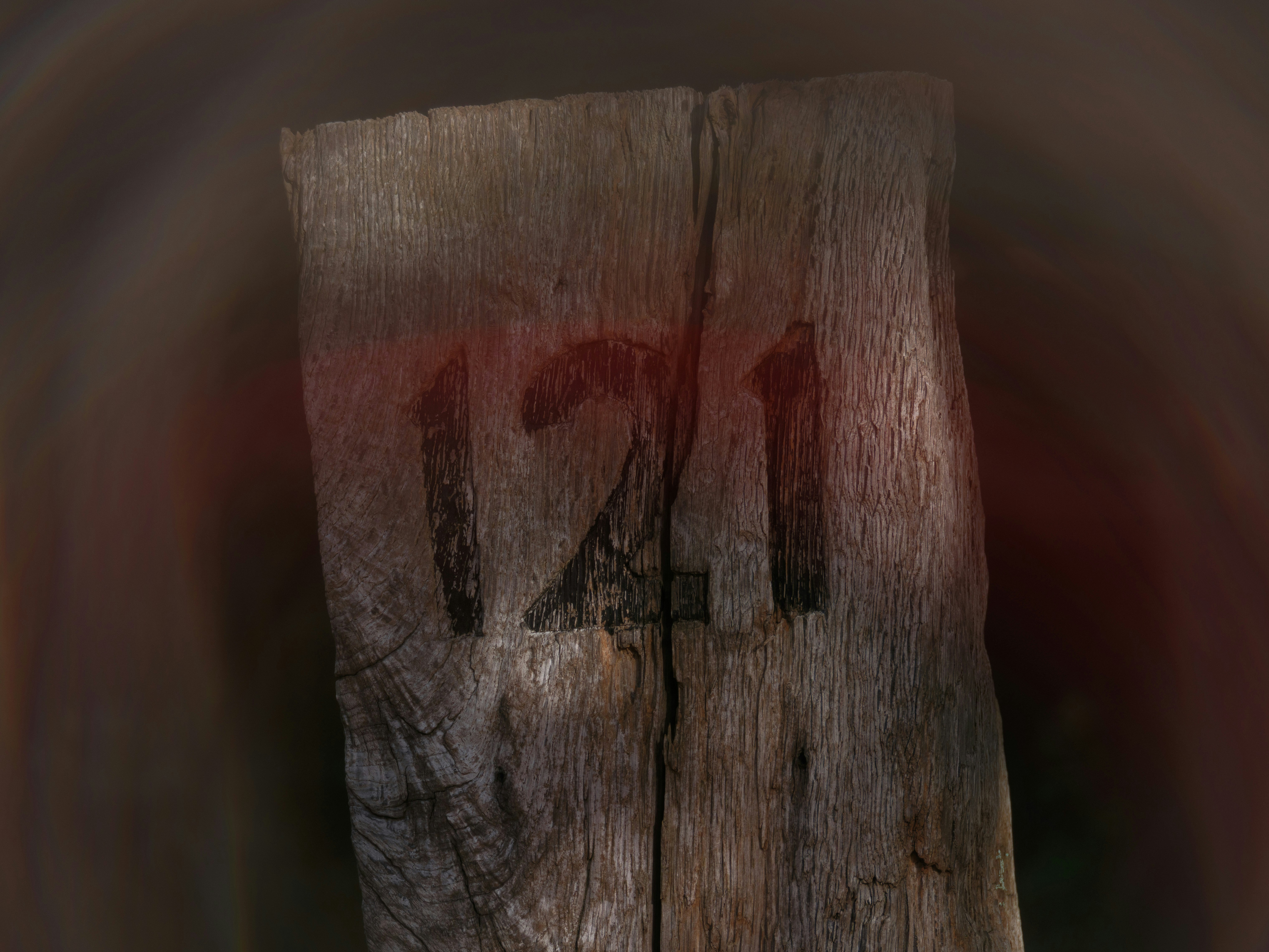 Weathered Wood with Red Numbers: A Timeless Mark on a Split Tree