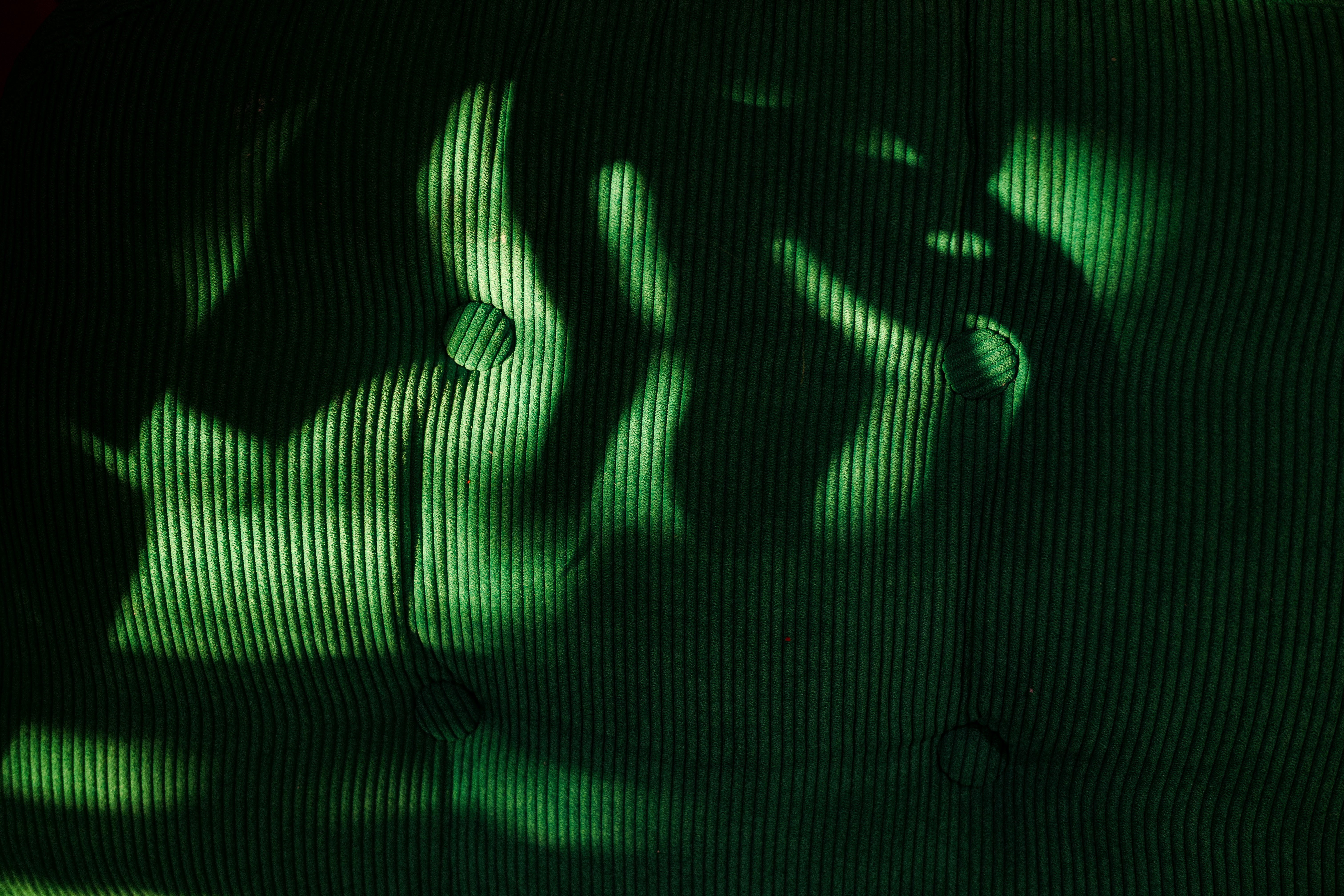 Shadows of hands cast onto a tufted green corduroy fabric surface